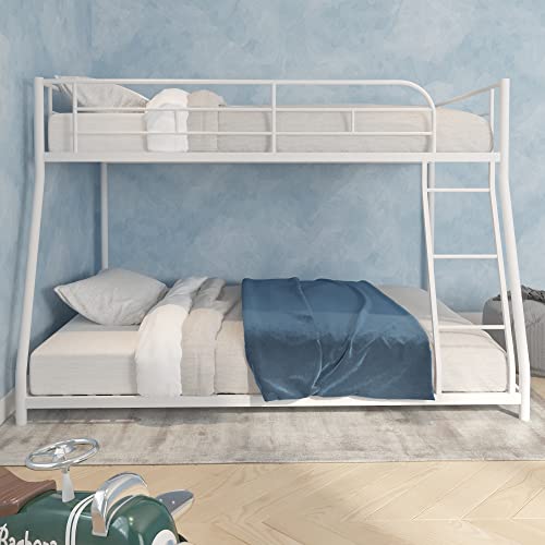 UBGO Twin Over Full Metal, Lower Extended Design with Ladder and Safety Railing Bunk Bed for Apartment Dormitory Bedroom Furniture Set-White