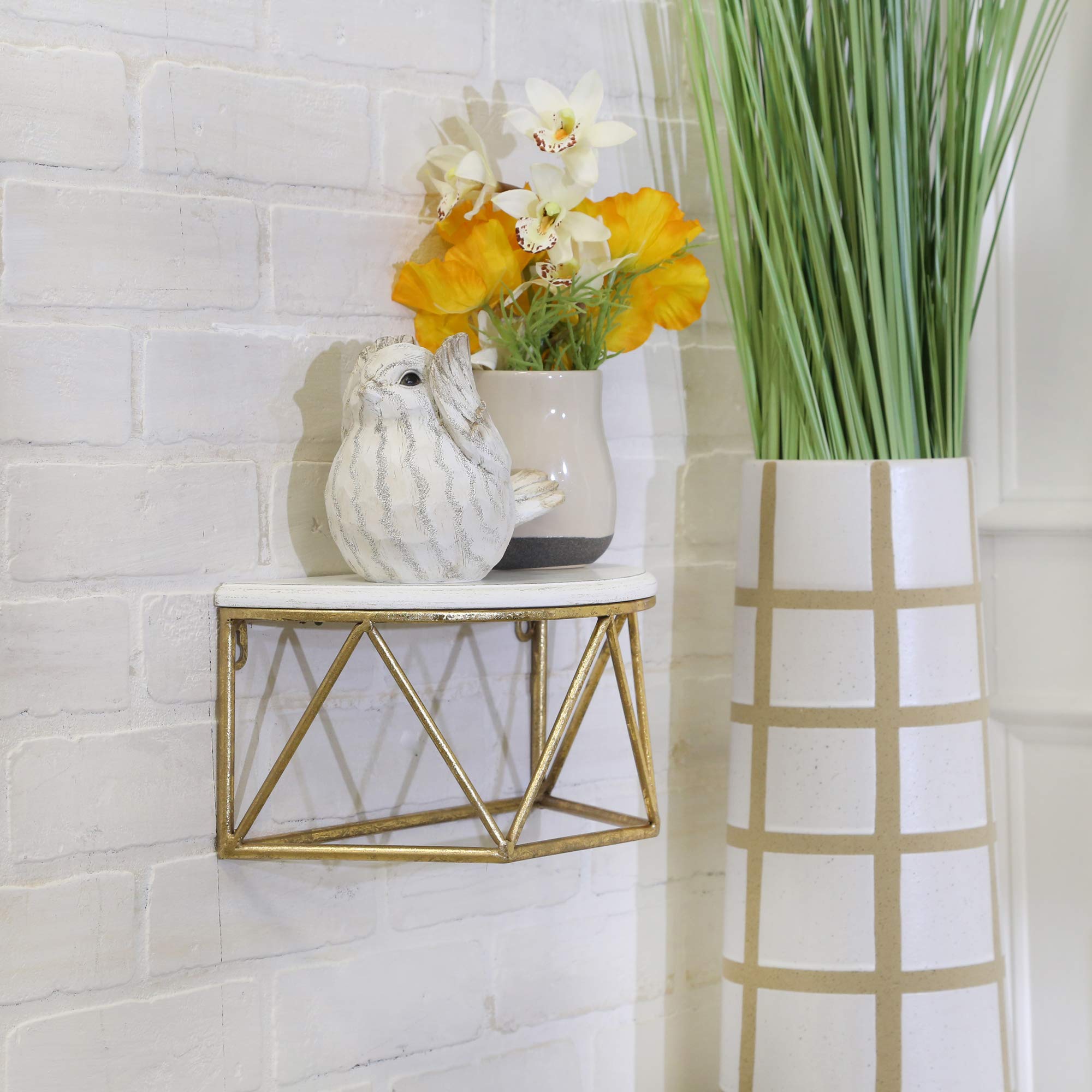 Sagebrook Home Demilune Wall Shelf Rustic Bedroom and Bathroom Shelves, White and Gold, 12 L x 6 W x 6 H Inches