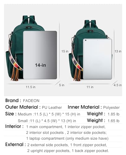 FADEON Leather Laptop Backpack Purse for Women Small Designer Laptop Bag,Multi-Pockets Travel Ladies Shoulder Bag Green