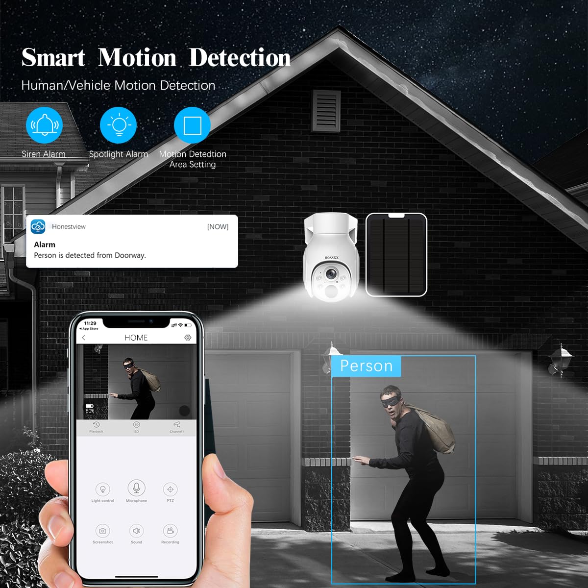 OOSSXX (PT Digital Zoom 100% Wire-Free) 2-Way Audio Wireless Solar Cameras, Solar Battery PIR Detection Outdoor Wireless Security Camera System Video Surveillance System (4-Cams 63G)