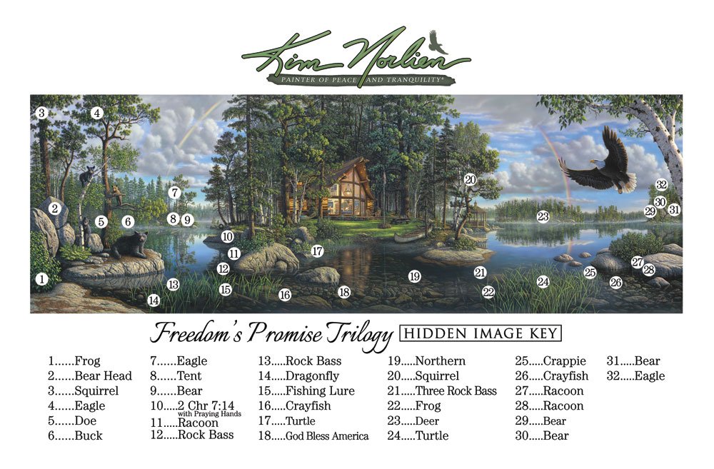Freedom's Promise Trilogy by Kim Norlien 18x42 God Bless America Rainbow Eagle Bears Log Cabin Lake Hidden Objects Framed Art Print Picture