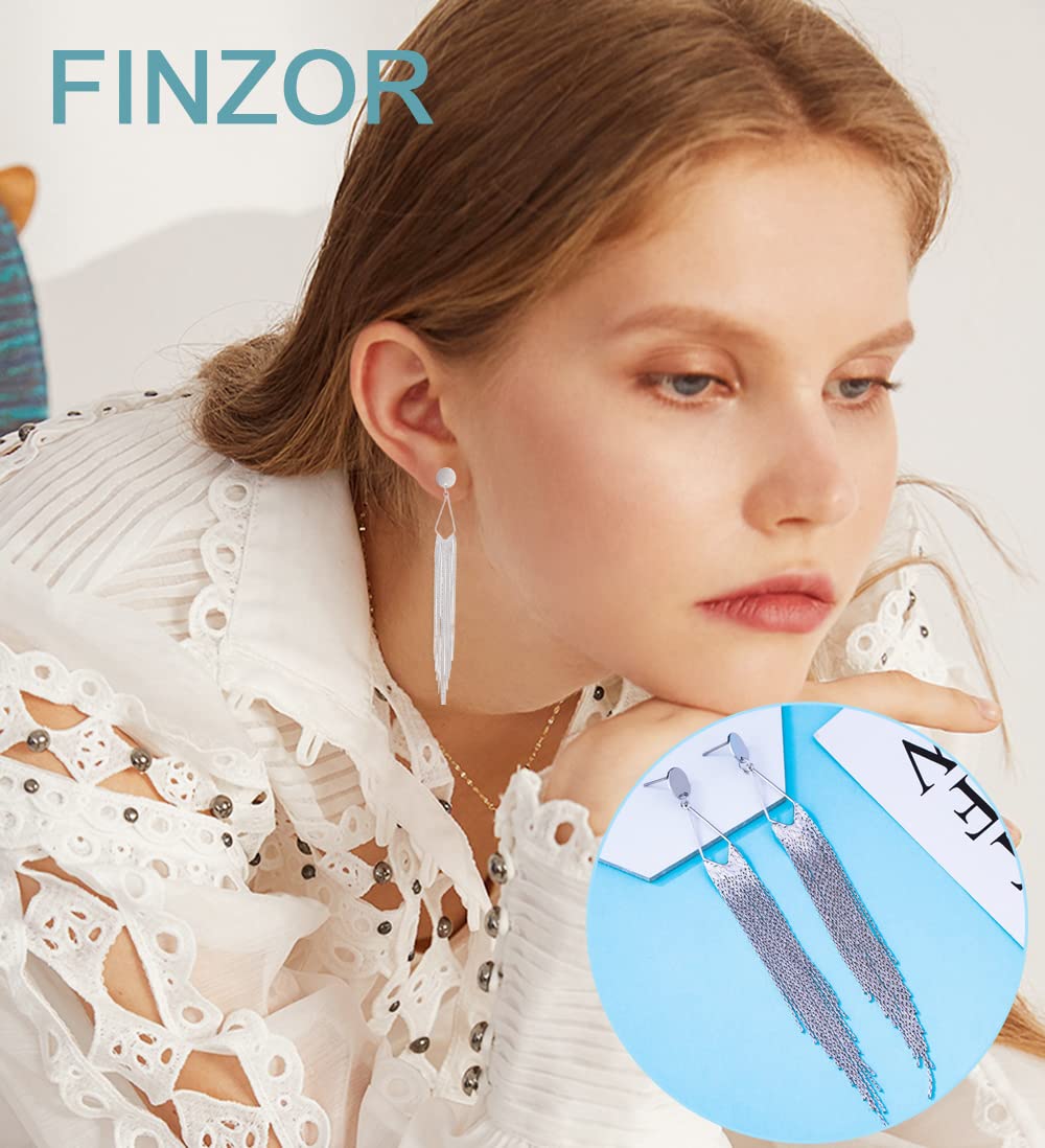 FINZOR 6 Pairs Long Tassel Dangle Drop Earrings for Women Punk Sleek Metal Chain Earrings Wedding Bridesmaid Jewelry(Silver)