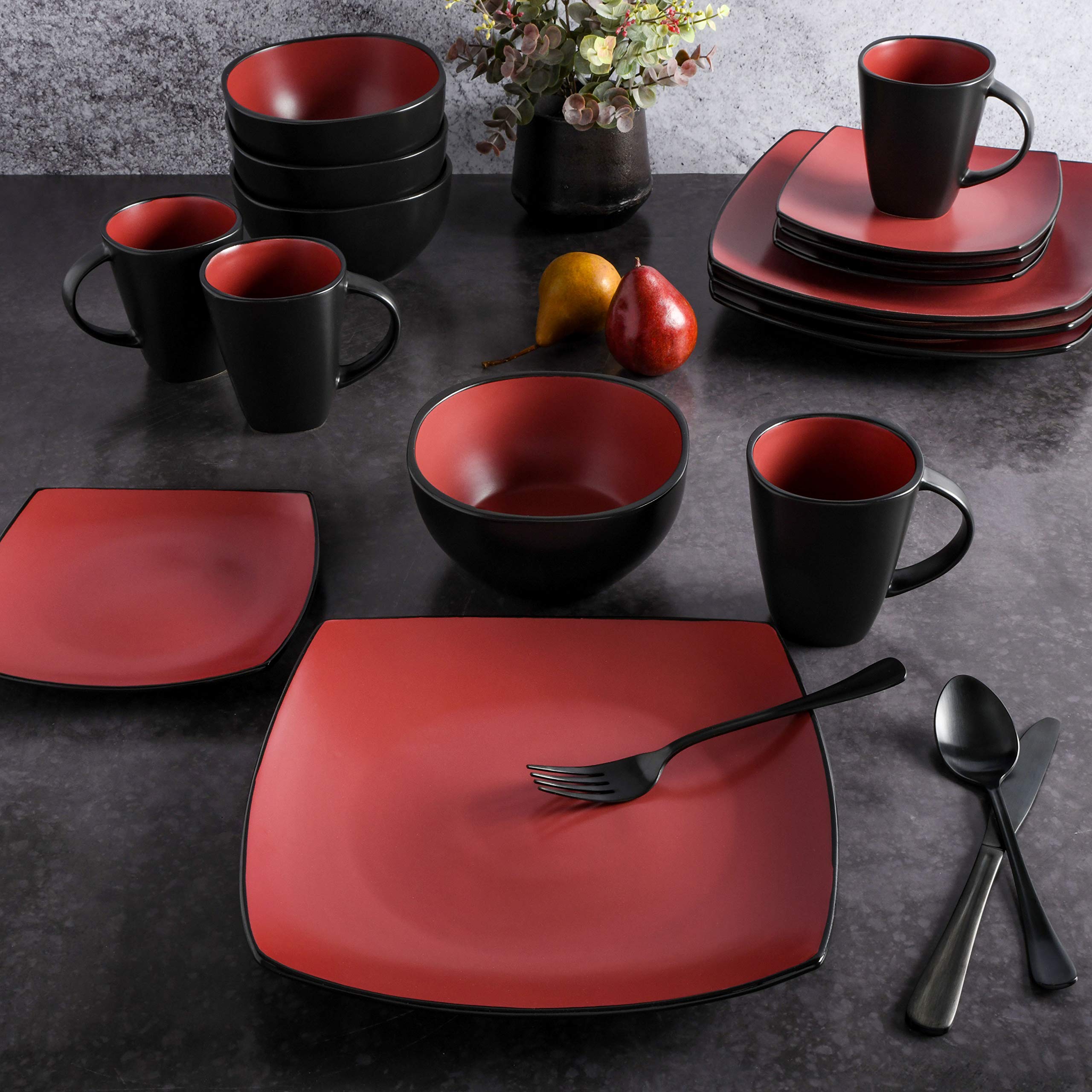 Gibson Soho Lounge Square Reactive Glaze Stoneware Dinnerware Set, Service for 4 (16pc), Matte Red
