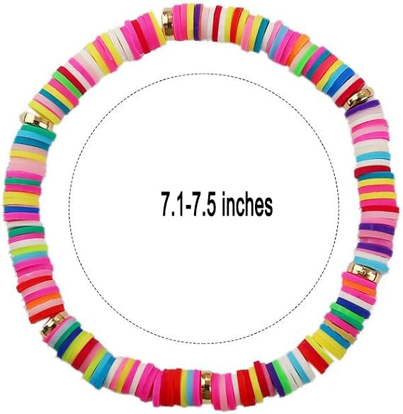 feixun Heishi Surfer Bracelets set - 6mm Polymer Clay Rainbow Bracelet Elastic Rope Bracelet, Boho Beaded Bracelet, Great for Beach, Vacation (12pc Heishi Surfer Bracelets B)