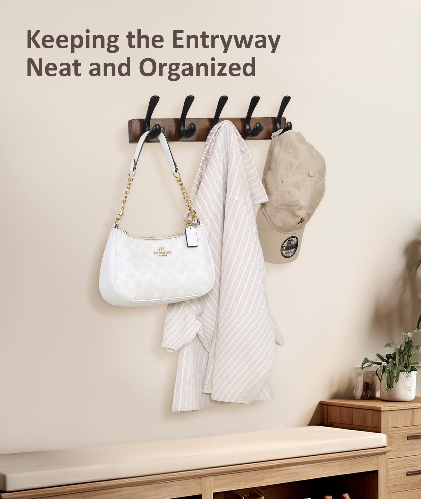 Optish Walnut Wood Coat Rack Wall Mount, Coat Hooks Coat Hanger Wall Mount, Heavt Duty Wall Hanger Wall Hooks for Hanging, Entryway Decorative Hat Rack for Coat, Bag, Hat and Towel