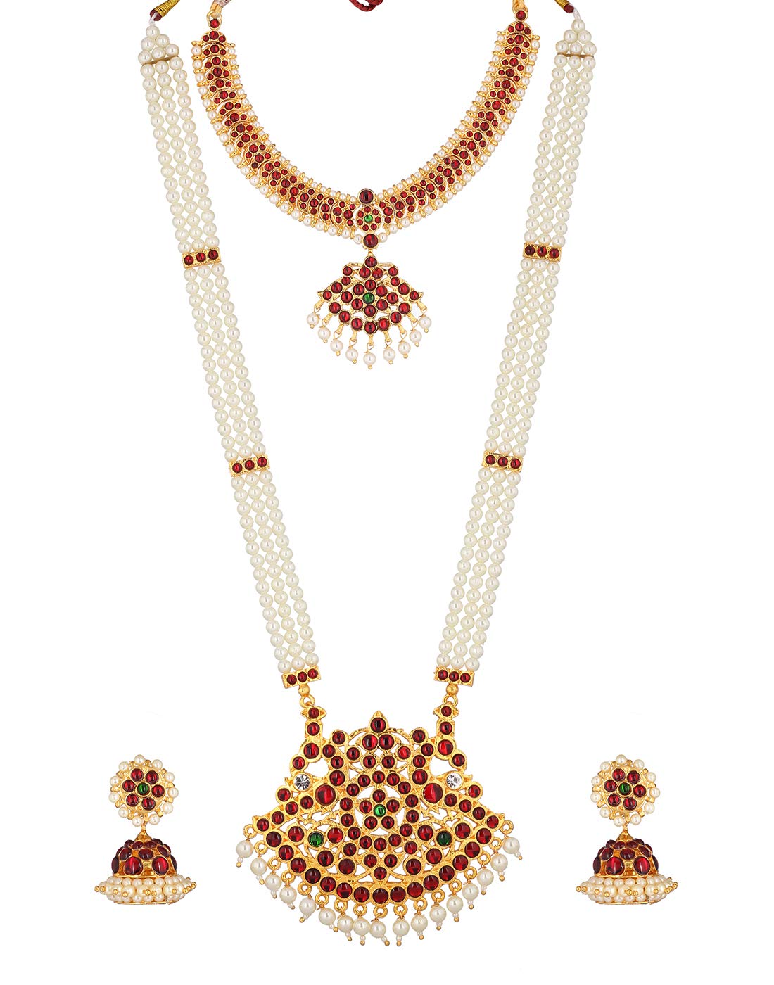 Fashionatelier 3 Line Long Pearl Haram with Pendant and Short Necklace with Earrings