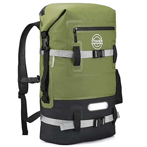 STOVER Waterproof Dry Bag Backpack 35L for Kayaking, Heavy Duty Roll-Top Closure Floating Bag with Front Pocket and Reflective Strip for Outdoor Water Activities (Green)
