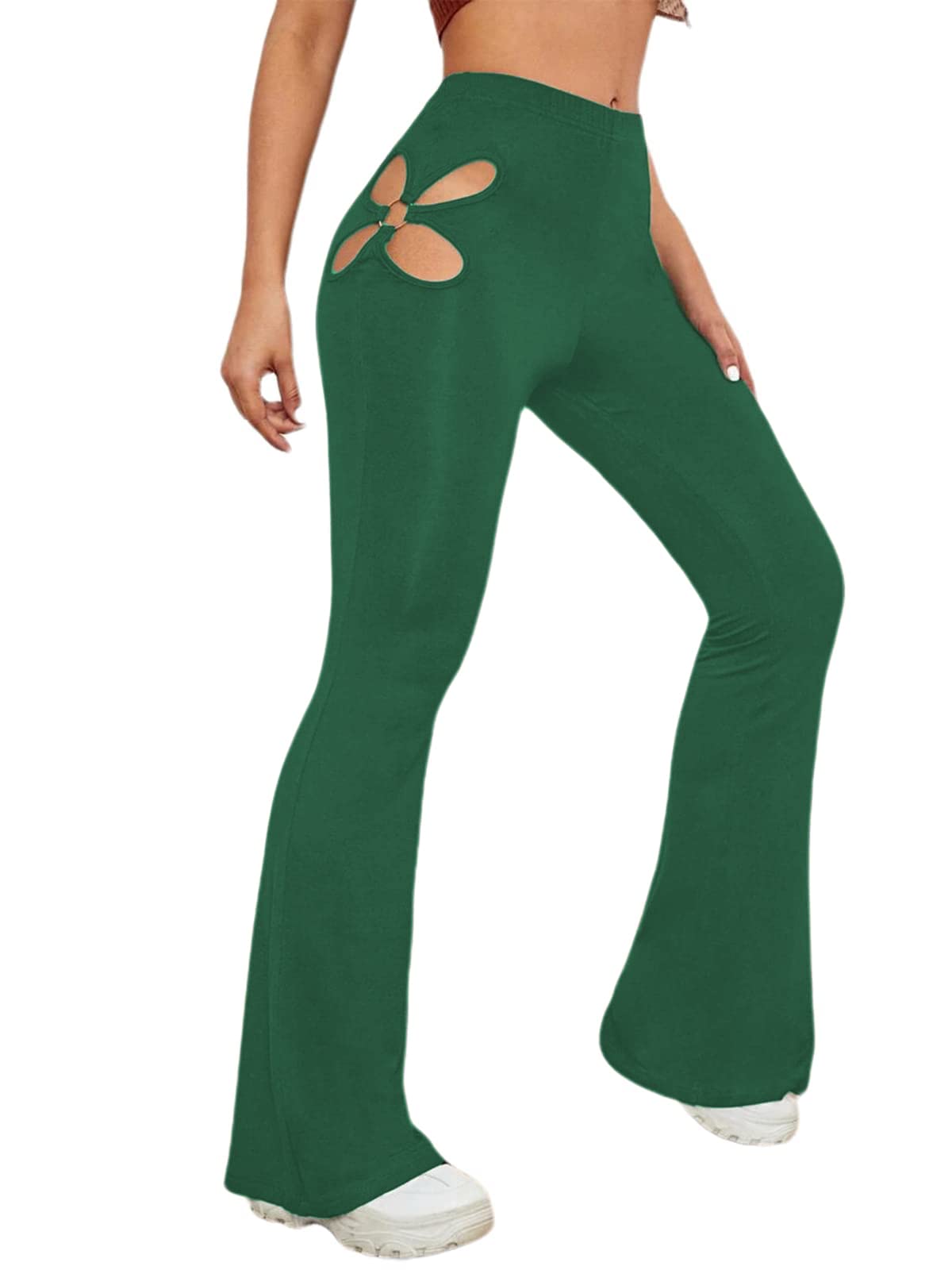 Hilinker Women's High Waisted Flare Long Pants Cut Out Stretchy Ladder Bootcut Yoga Pants Dark Green X-Large