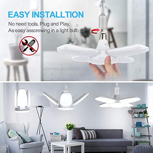 fesnne LED Garage Light, 60W Deformable LED Garage Ceiling Lights, LED Shop Light 6500K Daylight White with 4 Adjustable Panels, LED Shop Lights for Garage Warehouse, Workshop, Basement (1 Pack)