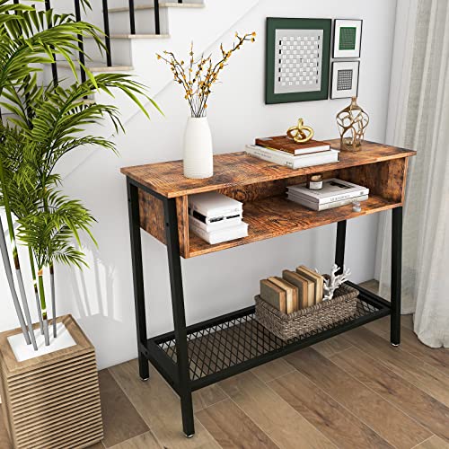 TINKLE WELL Industrial Console, Entryway, Narrow Sofa Table for Living Room and Hallway, Storage Drawer w/Mesh Shelf, Rustic Brown