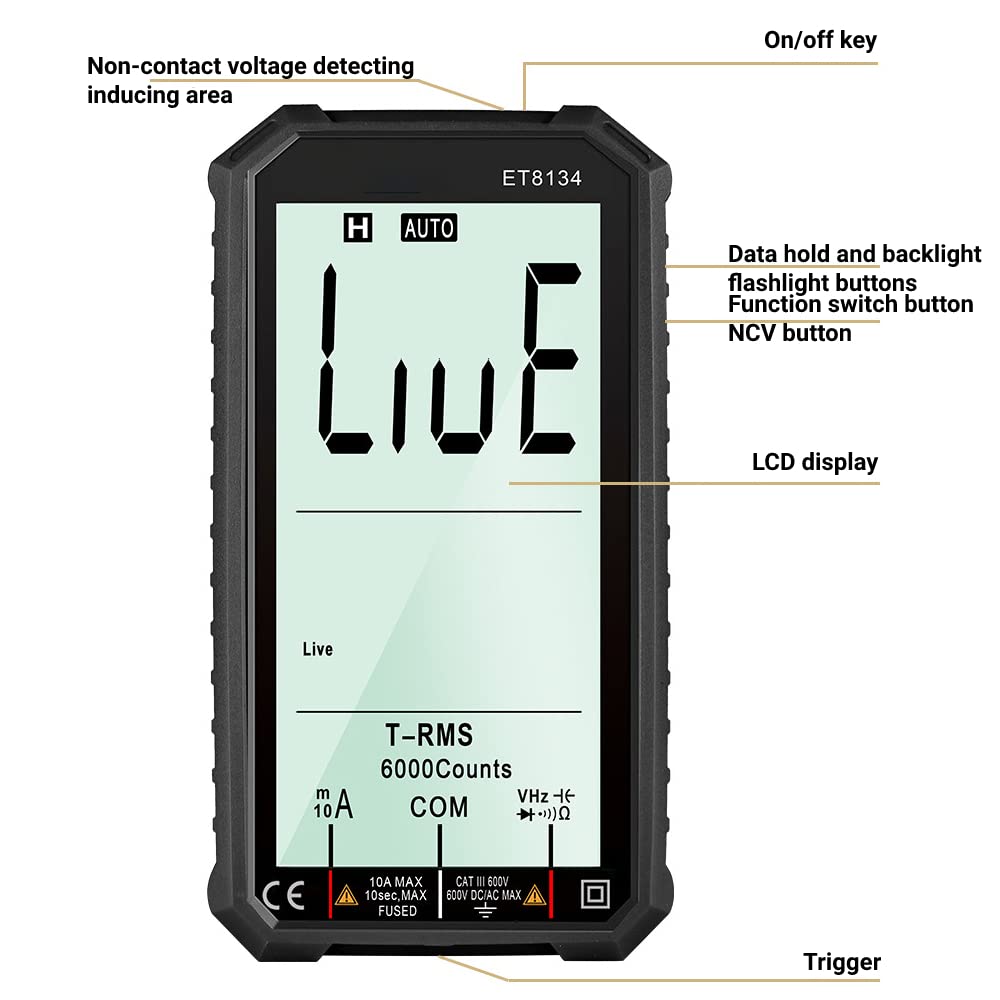 ET8134 Digital Multimeter Multi Function Voltage Current Meter 10A 600V LCD Display Automatic Multimeter with Alarm Function