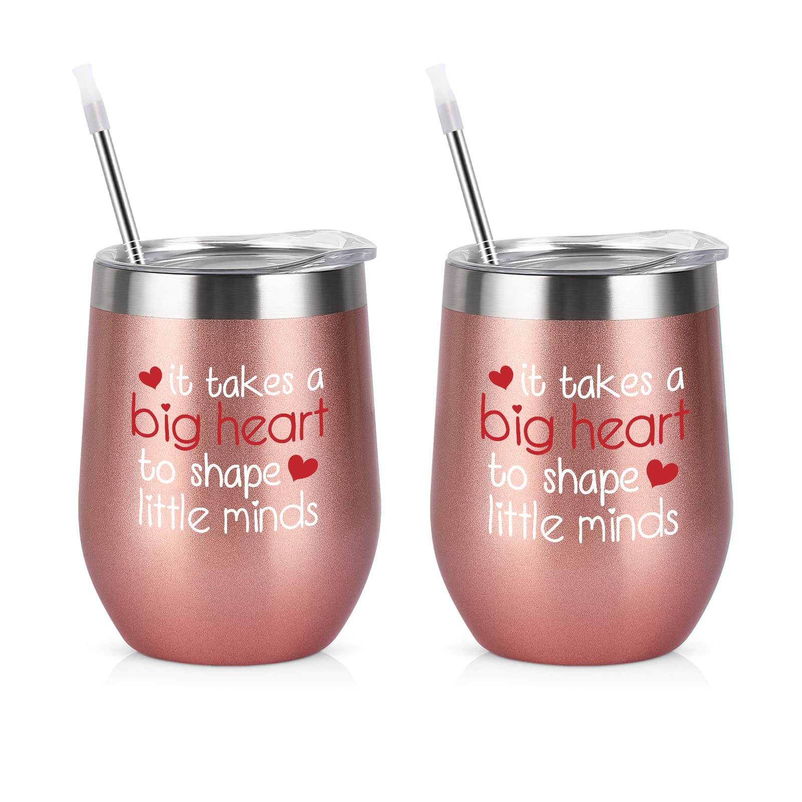 GINGPROUS 2 Pack Teacher Appreciation Gifts in Bulk, It Takes a Big Heart Wine Tumbler Set, Birthday Christmas Teacher Gifts for Teachers Women,12 Oz Stainless Steel Wine Tumbler with Lid, Rose Gold