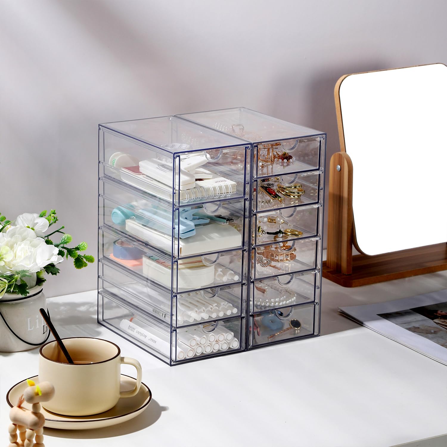RAMFIYN Clear Stackable Beauty Box Storage 6 Drawer, Desk Narrow Acrylic Storage Drawers, Slim Storage Drawers Jewelry Organizer for Vanity, Bathroom, Bedroom, Office