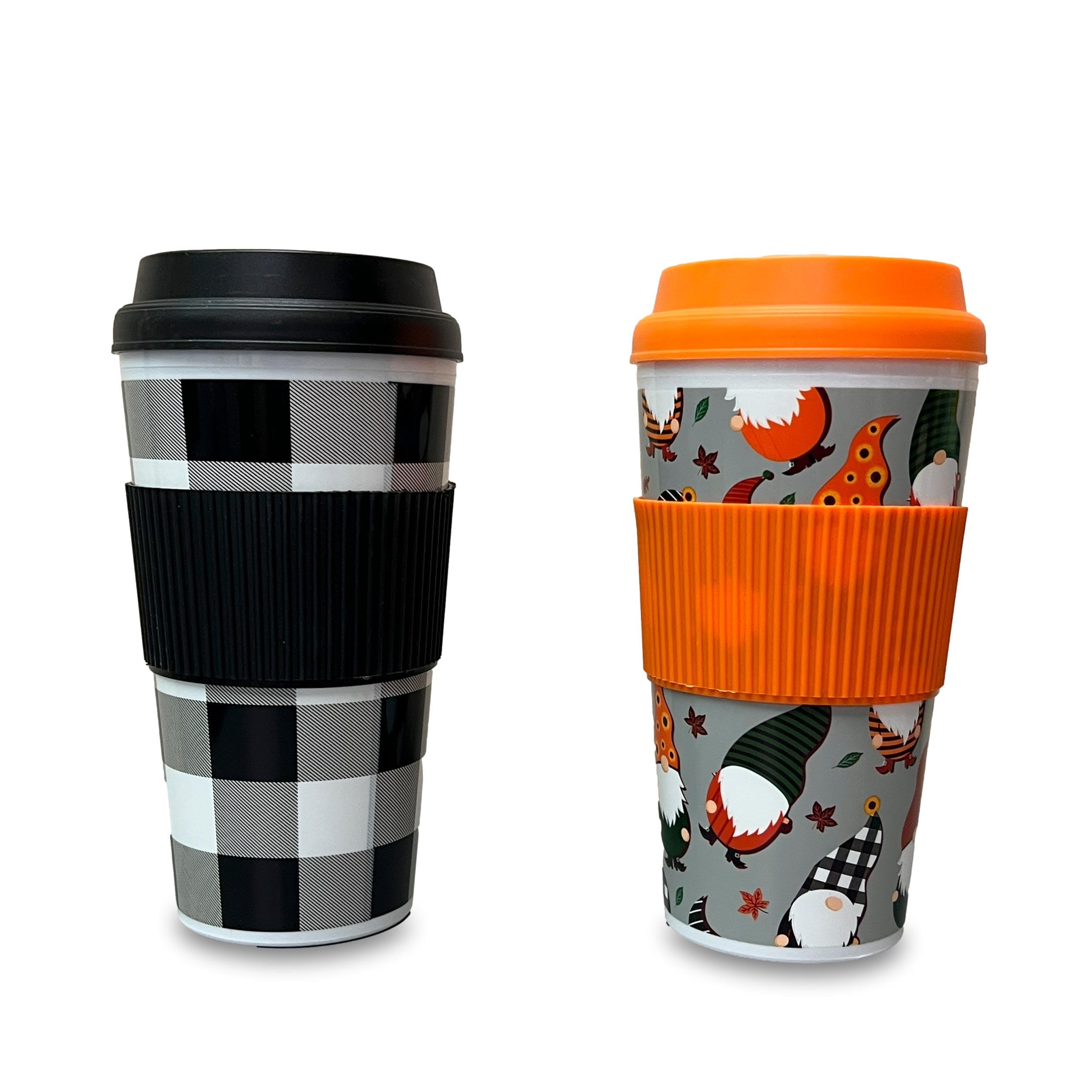 Fall Autumn Travel Coffee Double Wall Tumbler Cup 16 oz - Pack of 2 (Pumpkins & Leaves)