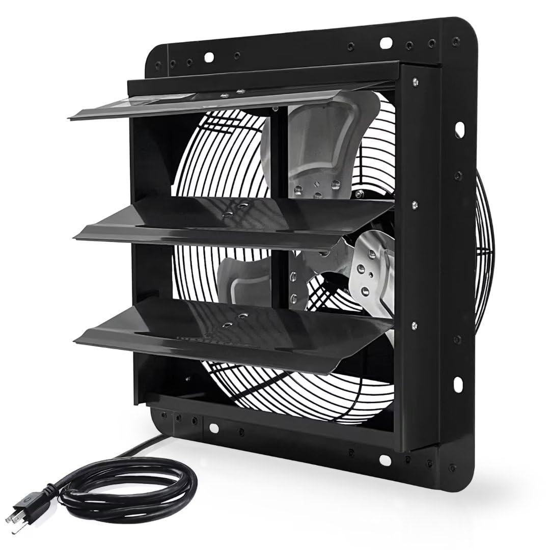 VENTISOL 14 Inch Shutter Exhaust Fan Wall Mounted, Aluminum Blades, with 1.65 Meters Power Cord Kit, Max.1950CFM, Ventilation Fan for Garage,Greenhouse,Attic,Shed,Shop-Black