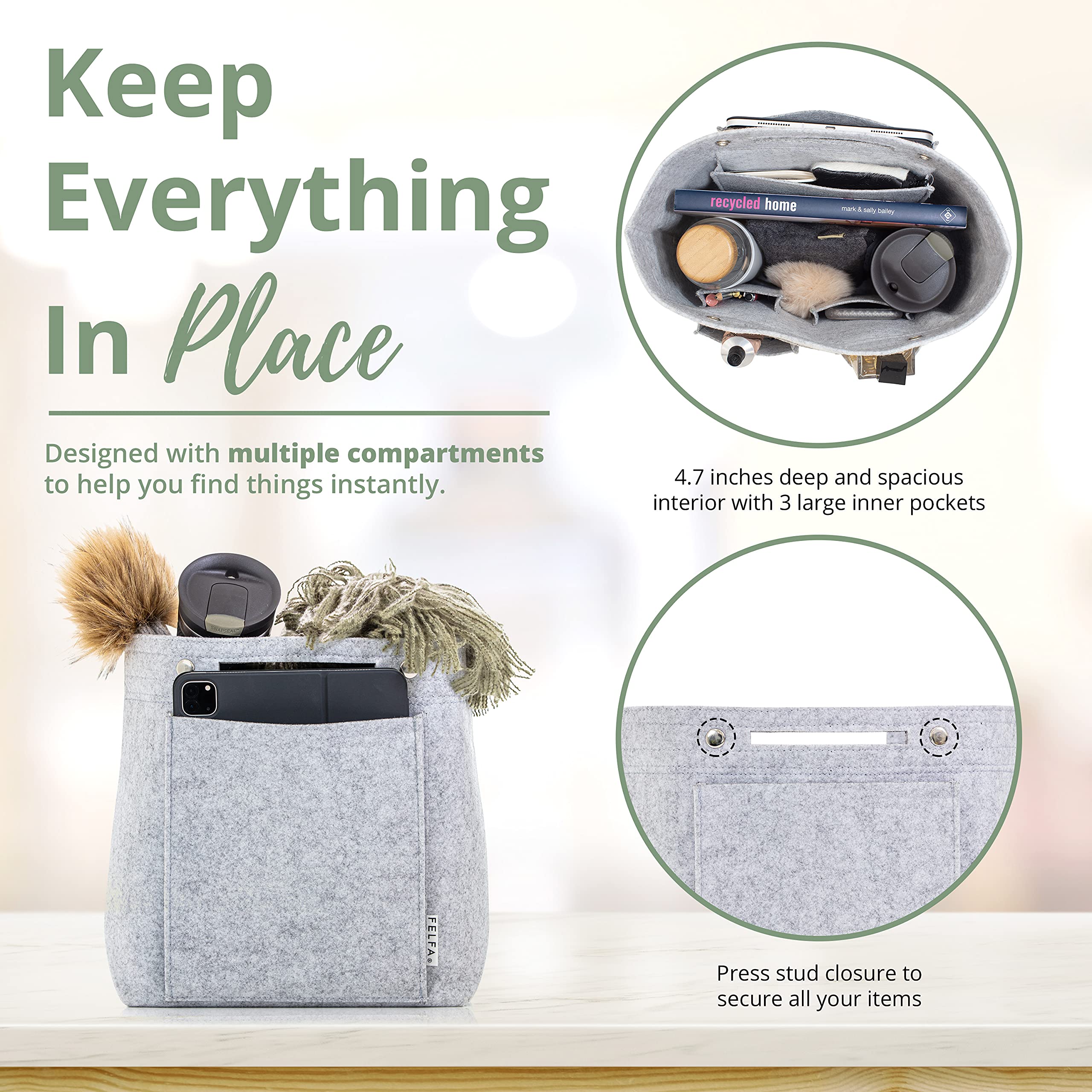 FELFA 11 inch Soft Grey Felt Tote Organizer Insert for Purses, Backpacks, and Tall Totes