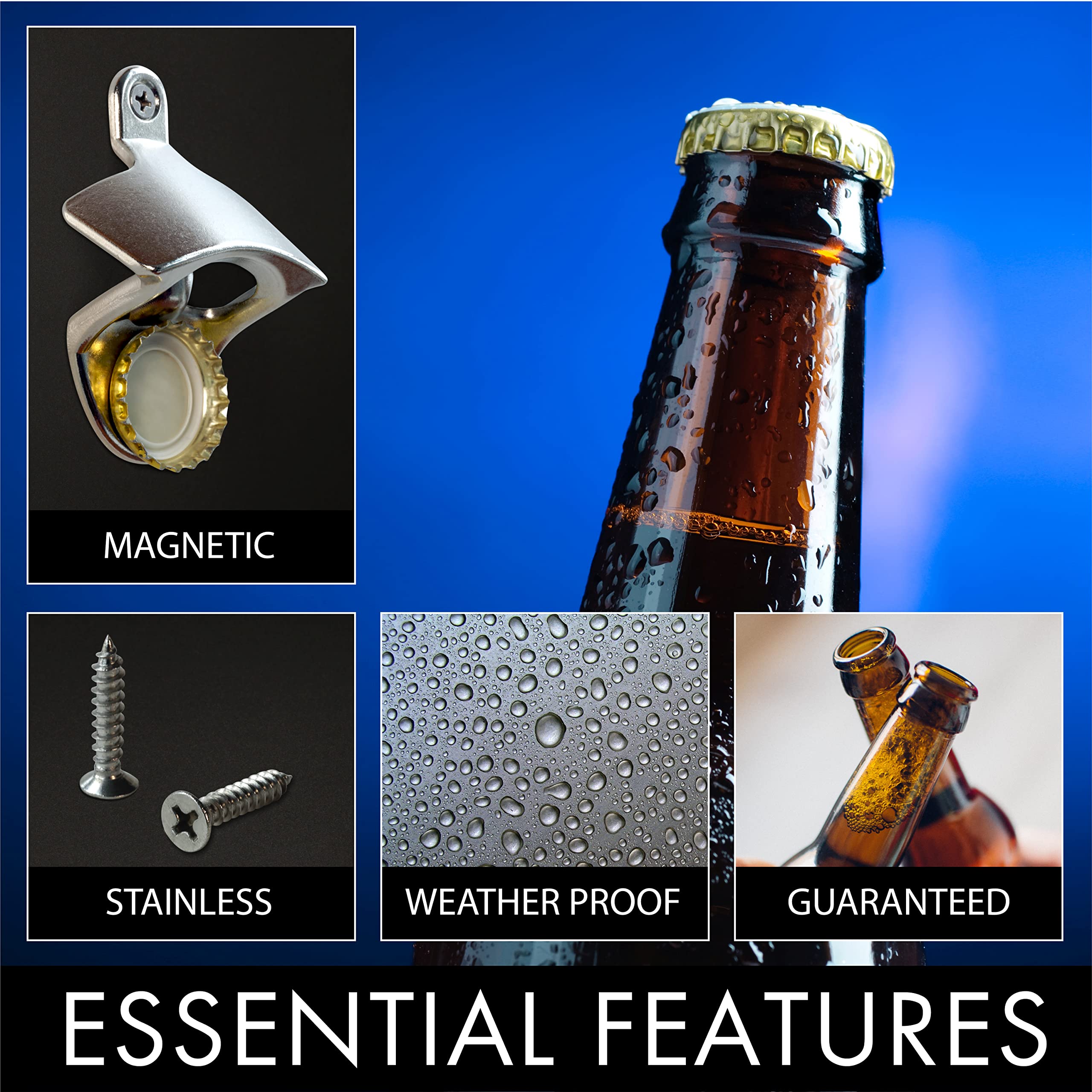 Metal Beer Bottle Opener Wall Mounted With Magnetic Cap Catcher - Stainless Steel Finish For Indoor or Outdoor Use