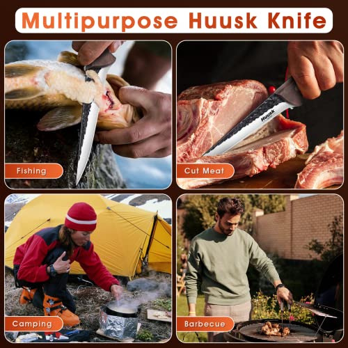 Huusk Viking Knife with Sheath Hand Forged Boning Knife Bundle with Japanese Meat Butcher Brisket Trimming Knife