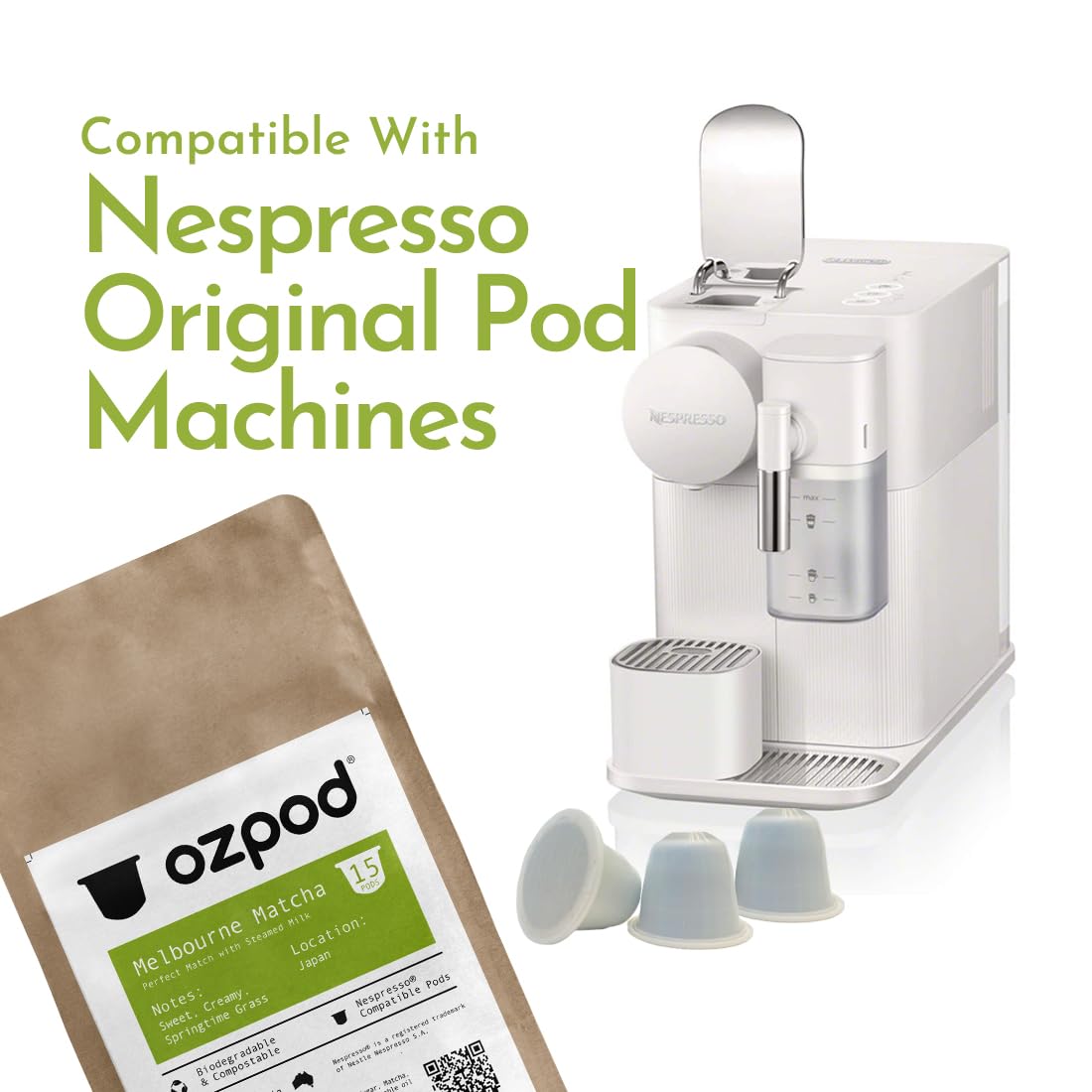 Ozpod Matcha Green Tea Pods for Nespresso Original, Compatible Nespresso Tea Pods, 100% Compostable and Biodegradable from Australia, 15 Single Serve Cups Creamy Matcha Tea