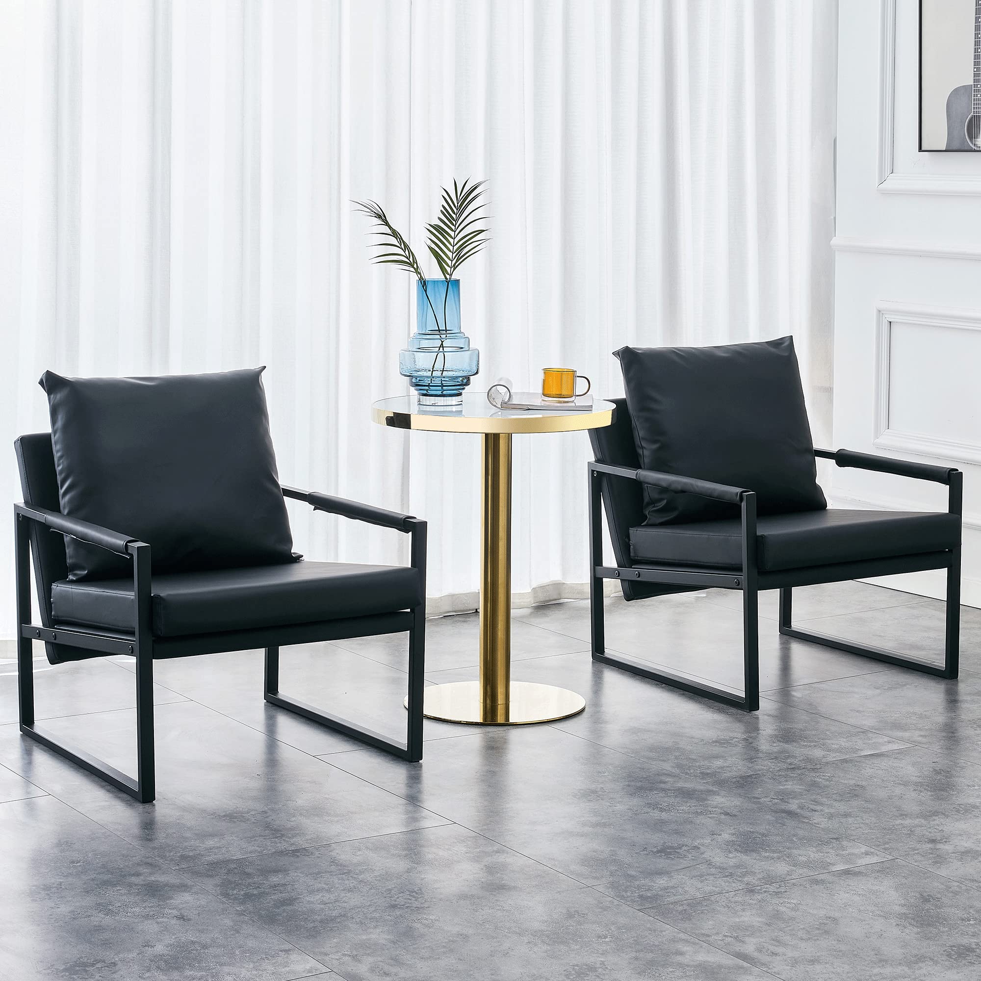 Dvasovio Leather Accent Chair Mid-Century Modern Upholstered Armchair with Metal Frame Extra-Thick Padded Backrest for Office Bedroom Living Room Chair, Black