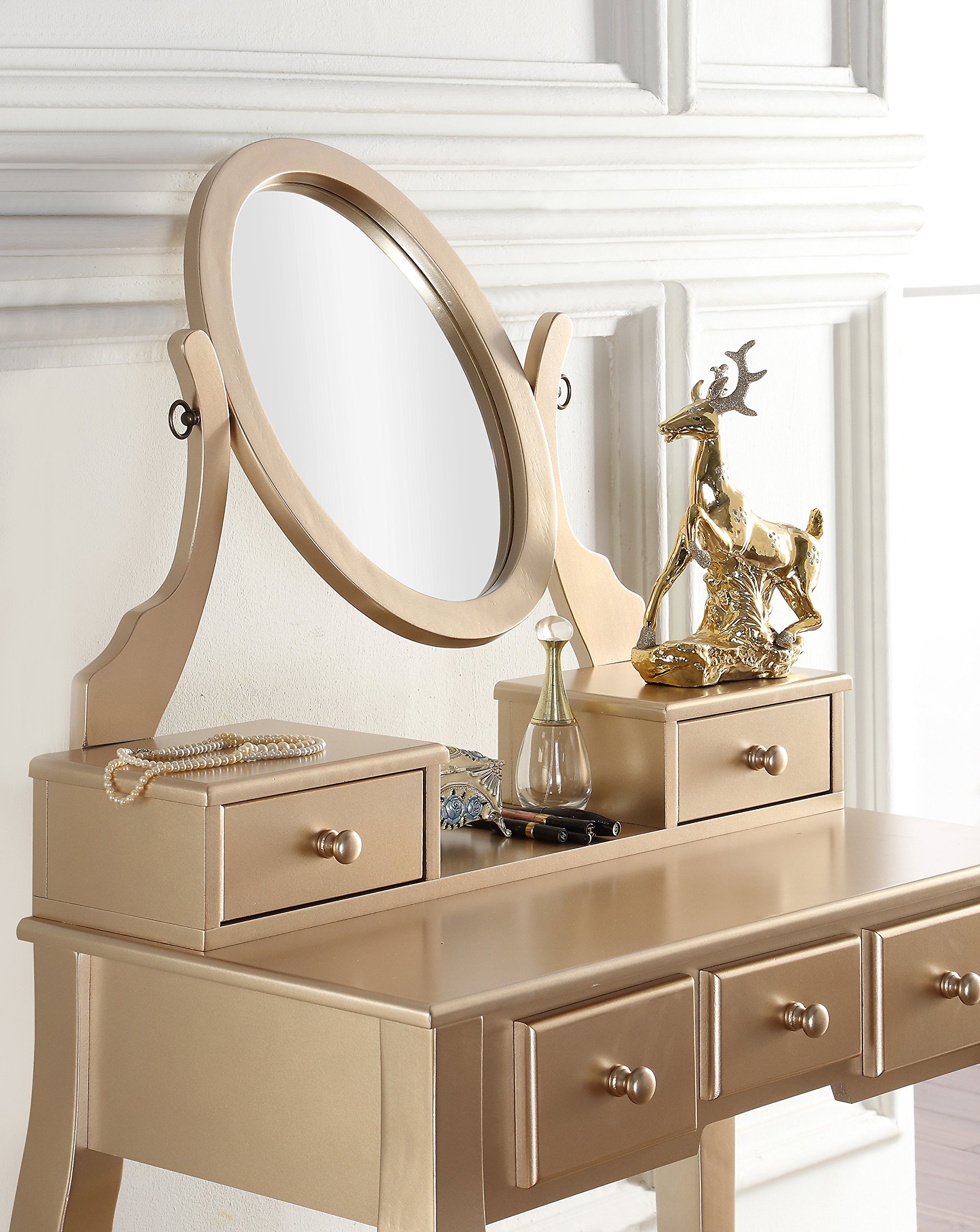 Roundhill Furniture Ashley Wood Make-Up Vanity Table and Stool Set, Cherry