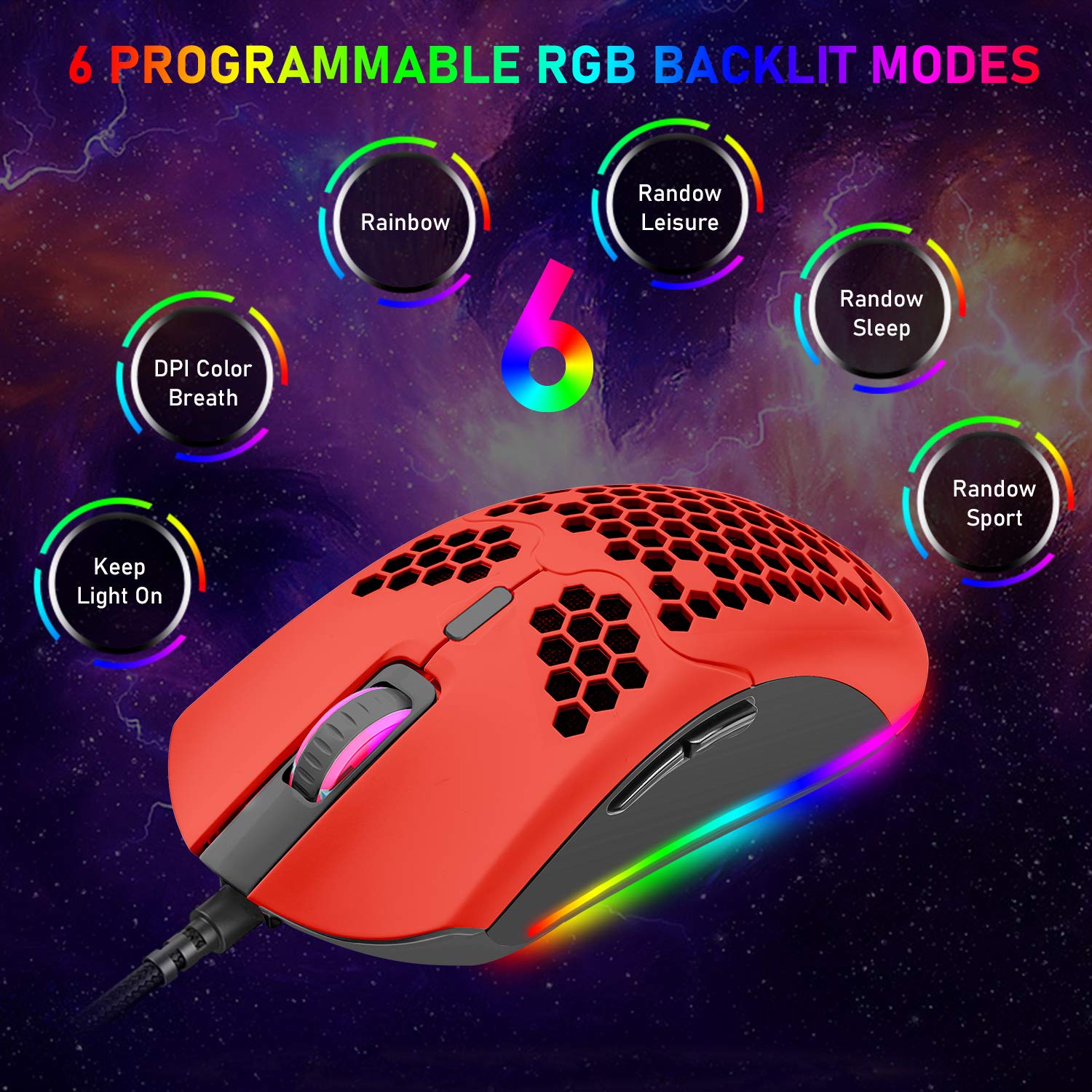 FELICON Wired Lightweight Gaming Mouse, 6400DPI Backlit Mice with 7 Buttons Programmable Driver,Ultralight Honeycomb Shell Ultraweave Cable Mouse Compatible with PC Gamers and Xbox and PS4 Users(Red)