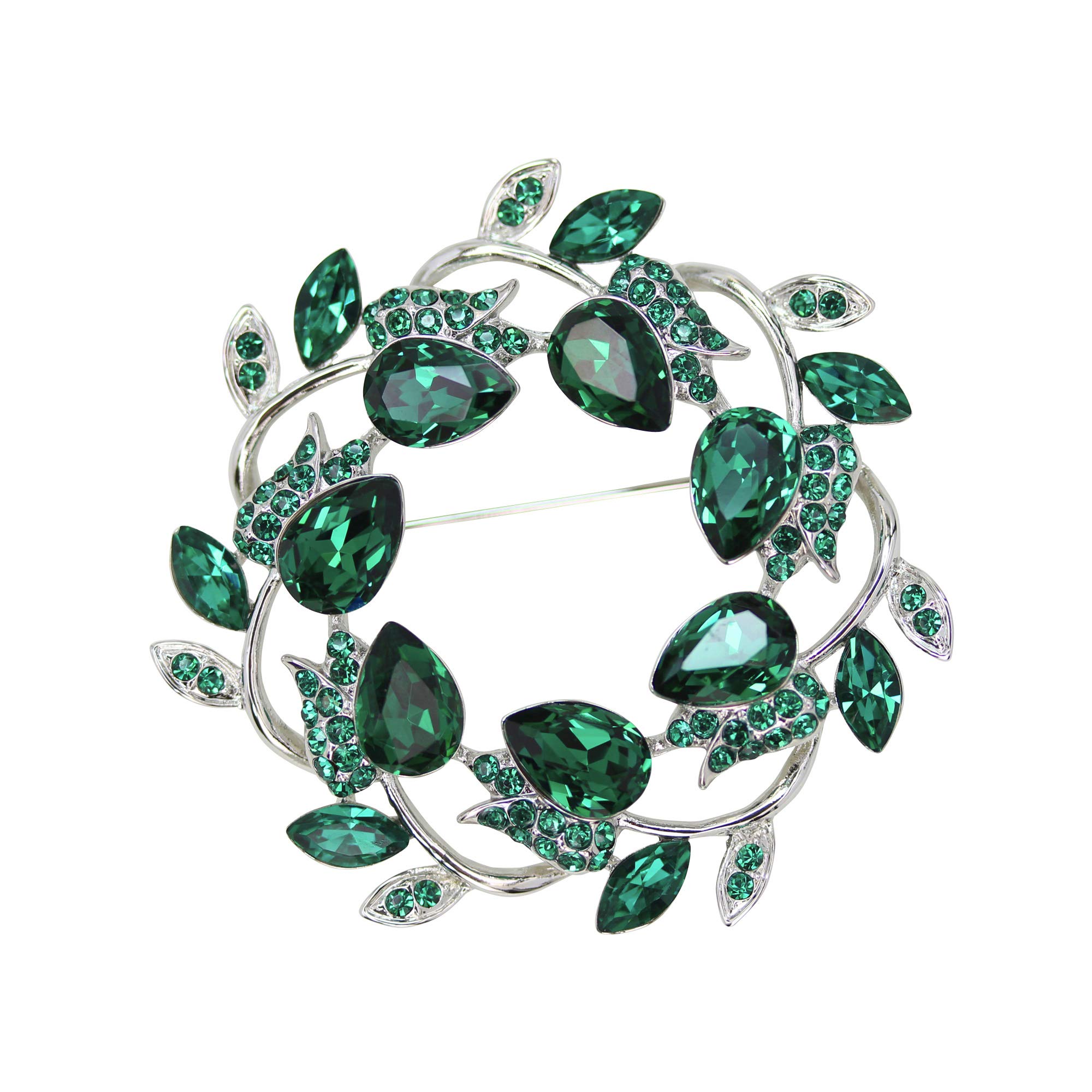 Faship Gorgeous Green Rhinestone Crystal Floral Wreath Brooch Pin