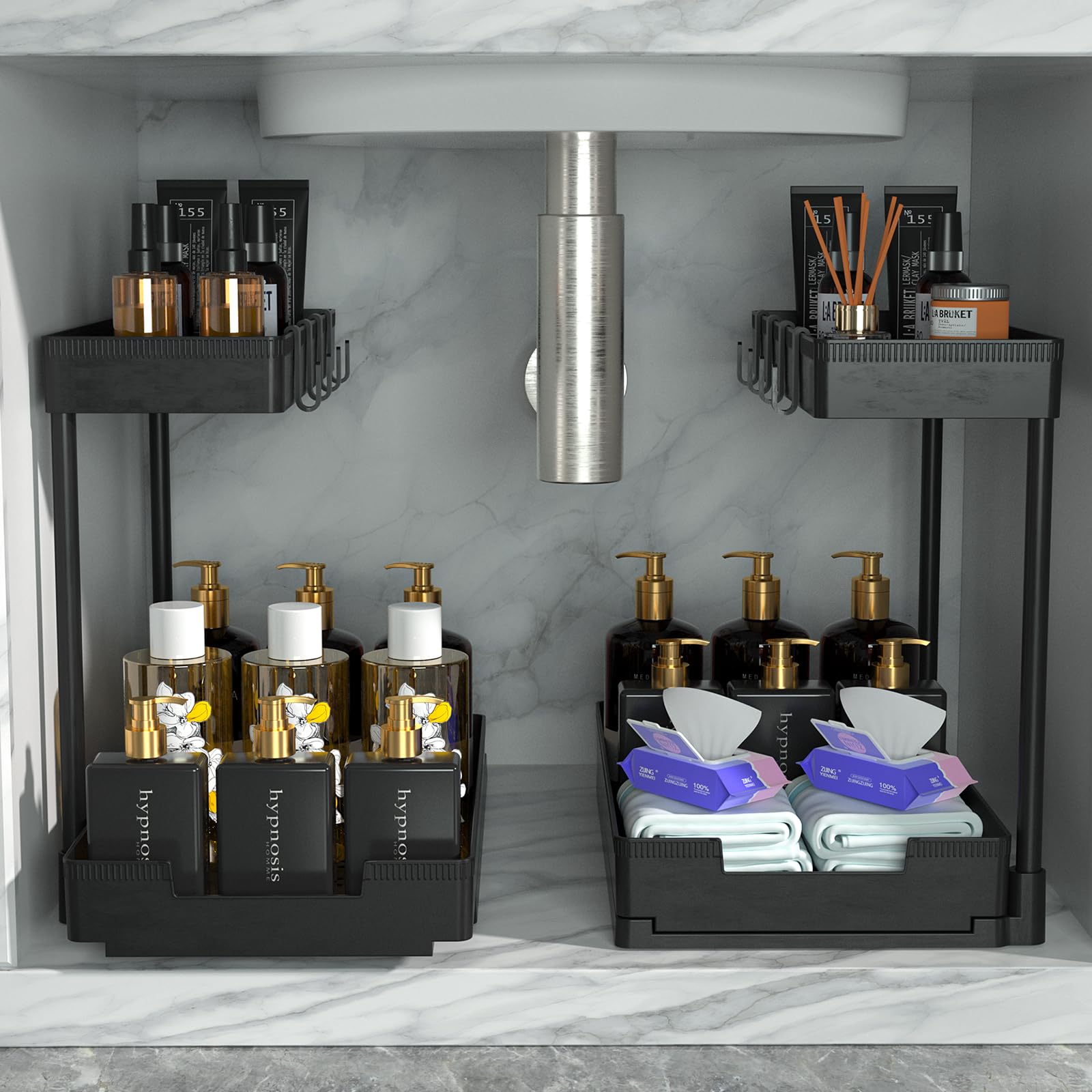 JUJEKWK Under Sink Organizers and Storage 2 pack, 2-Tier bathroom organizer, Kitchen Organizer, L Shaped cabinet organizer (Black)