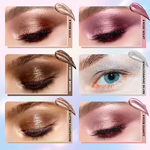 EYESEEK Liquid Eyeshadow Metallic Brown Eye Makeup Set, Brilliant Cream Gel Highlighter Shimmer Glitter Shadow Champagne Blush Brightener Eyeliner, Rose Gold Eyes Liner Make Up Kit Holographic Sets
