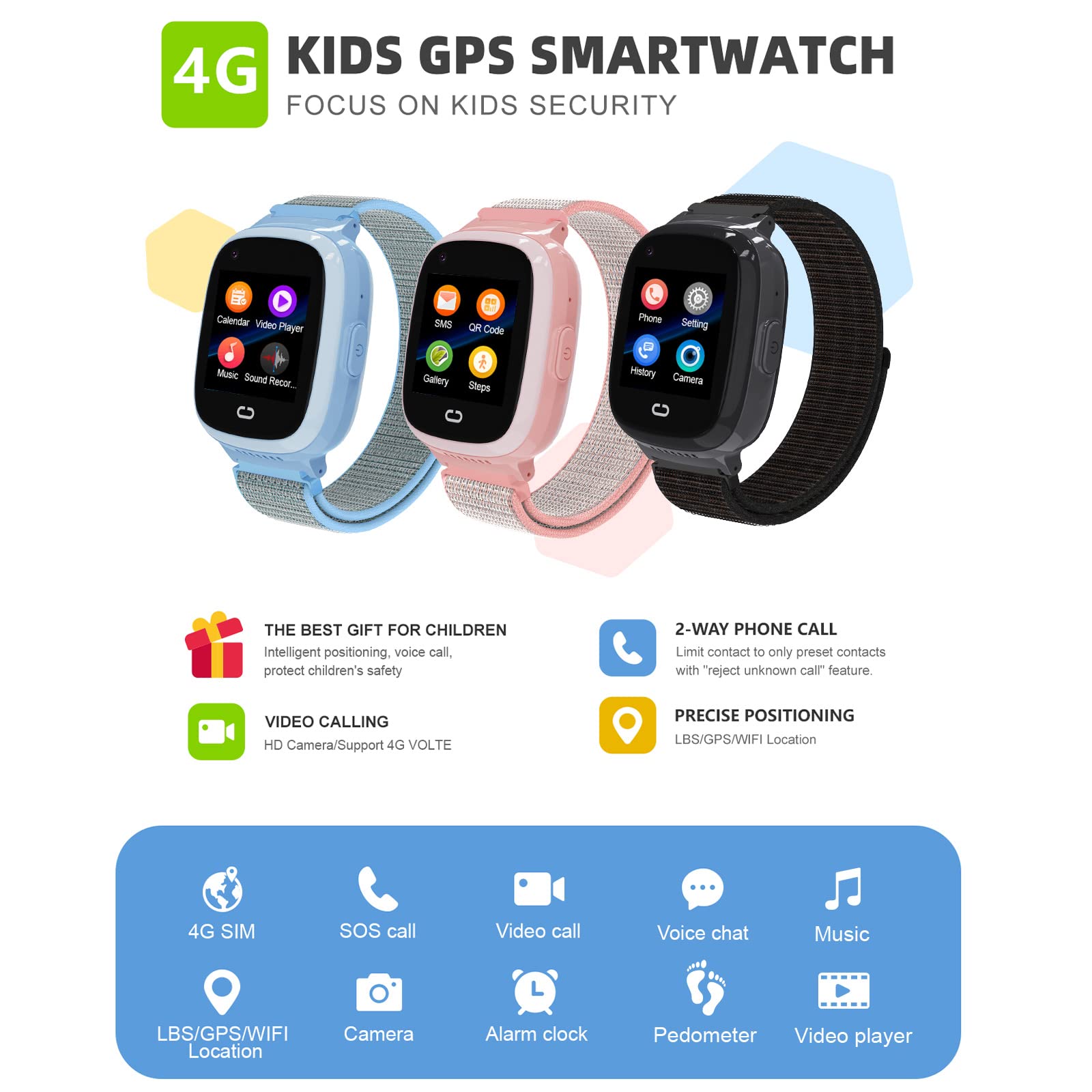Kids Smartwatch with GPS 4G, HD Touchscreen Watch with Phone GPS Tracker Real Time Location SOS Video Call Voice Chat Camera Waterproof Compatible Android and iOS for Boys Girls Gift