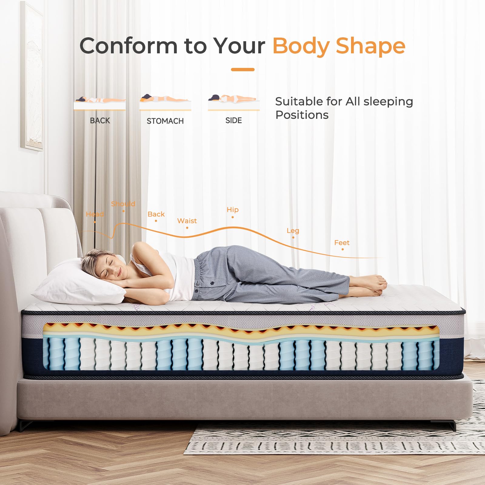 Vesgantti Queen Mattress, 12 Inch Innerspring Hybrid Queen Size Mattress with Memory Foam and Individual Pocket Spring, Mattress in a Box