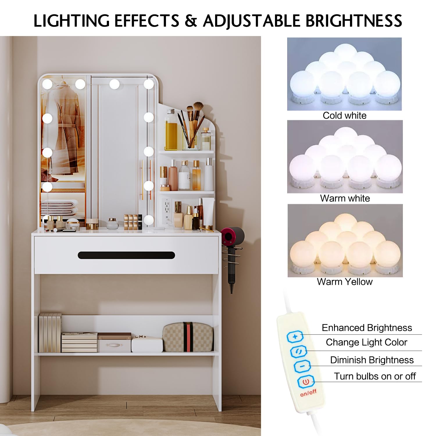 sbdmirau Modern Vanity Desk with Lighted Mirror, Desk Makeup Dressing Table with Power Strip, 12 LED Lights, 1 Large Drawers, Writing Desk with 3-Sectio Storage Shelves for Bedroom, White
