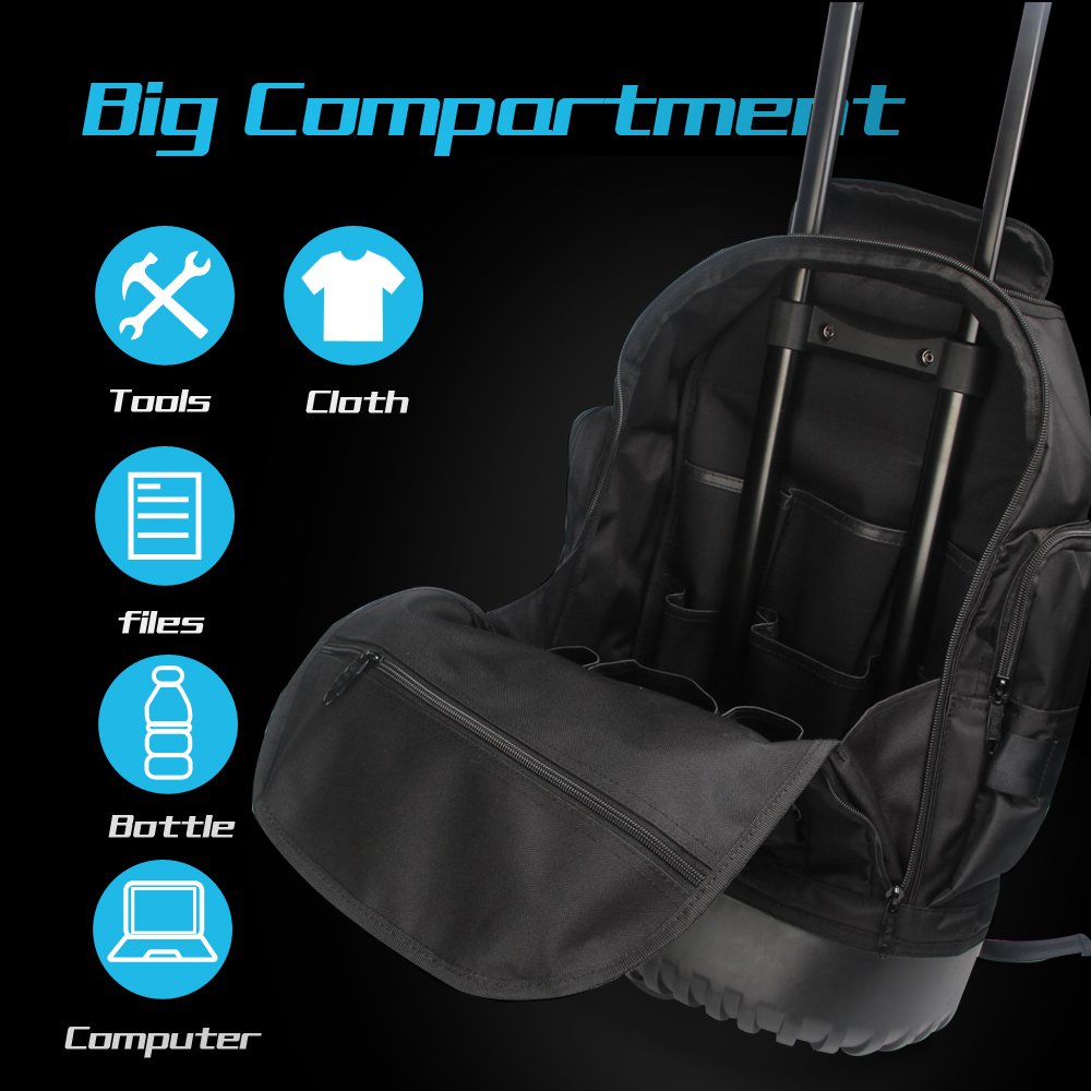 FASITE Tool Backpack with Wheeled Rolling, Multi-function Heavy Duty Tool Bag with wheel handle, Electrician Tool Organizer, Black