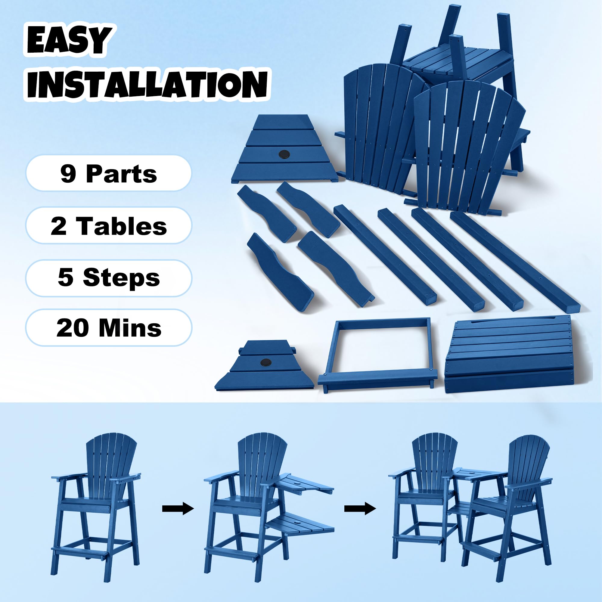 NCGVKS Tall Adirondack Chair Set of 2,HDPE Balcony Chair with Double Connecting Tray,Adirondack Bar Stools Weather Resistant Poly Deck Chairs for Patio Backyard Poolside 360LBS Capacity Blue