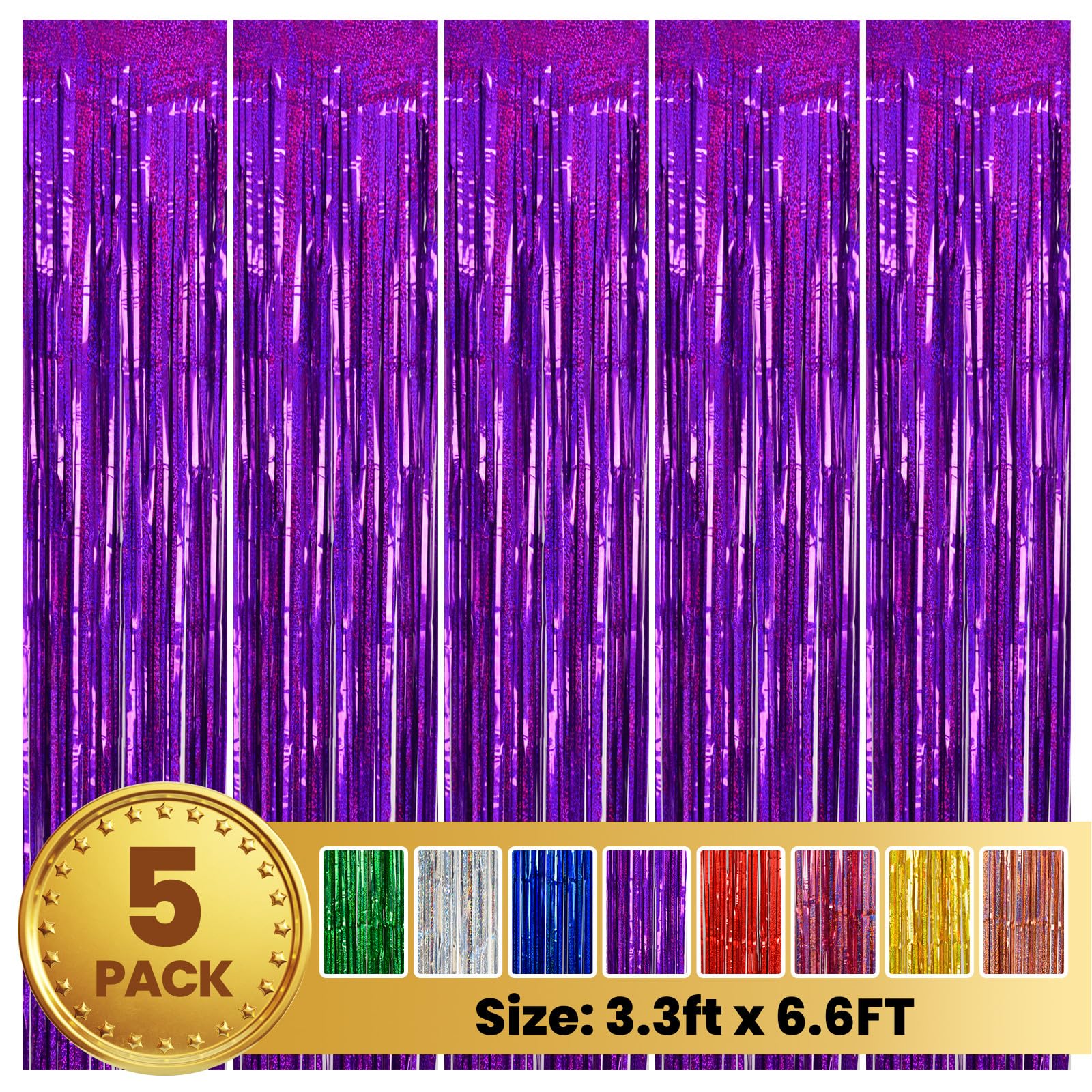 pabues 5 Pack 3.3ft x 6.6ft Laser Purple Tinsel Curtain Party Backdrop -Glitter Foil Fringe Curtain for Birthday Graduation Engagement Bridal Shower Bachelorette Baby Shower Party Decorations