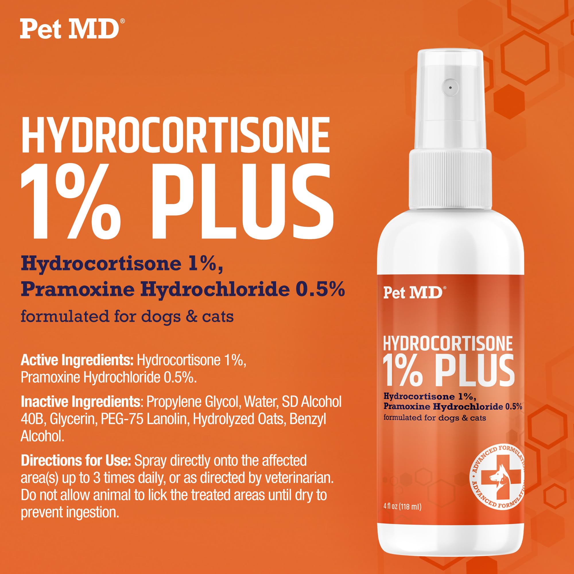 Pet MD Hydrocortisone Spray for Dogs & Cats - Itchy Skin Relief from Hot Spots, Bites, Scrapes, Irritated Skin, & Dermatitis - 4 oz Anti Itch Spray with Pramoxine