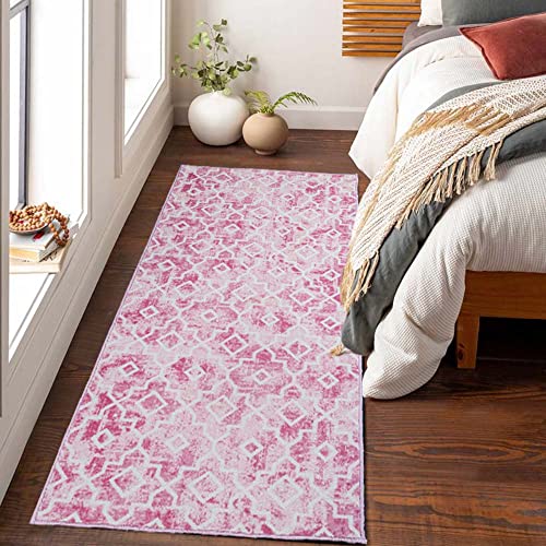 Moroccan Area Rug,2'X 4.3' Washable Pink Runner Rug Distressed Accent Rug Non-Slip Bath Mat Soft Faux Wool Floor Carpet for Kitchen Bedroom Bathroom Living Room