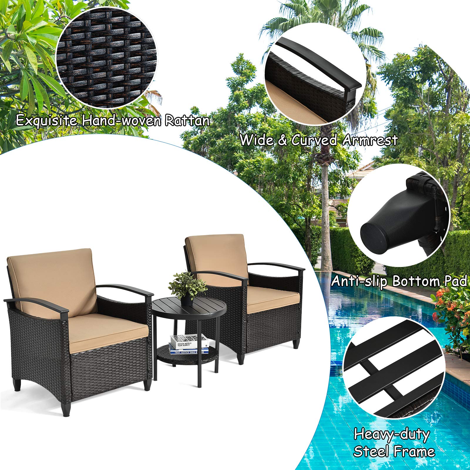 Tangkula 3 Piece Rattan Sofa Set, Patio Conversation Bistro Set w/Coffee Table, Seat and Back Cushions, Sturdy Steel Frame, Outdoor Furniture Set for Garden, Backyard, Balcony, Poolside