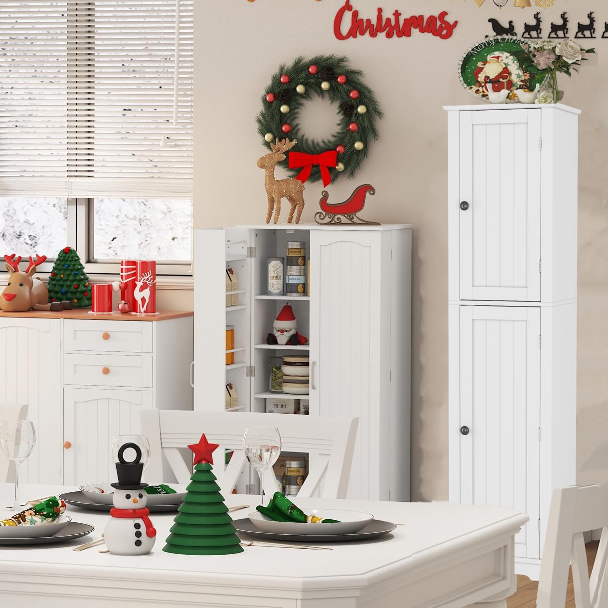 Function Home Modern Storage Cabinet, Free-Standing Floor Cabinet, Bathroom Cabinet with Adjustable Drawers, Open Shelf and Two Doors, Wooden Cupboard for Home, Living Room, Kitchen, Bedroom in White