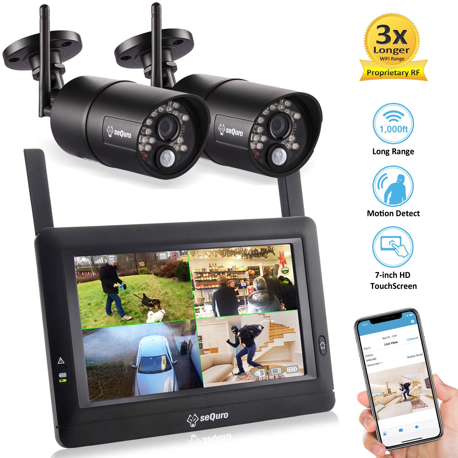 SeQuro-Security-Camera-Monitor-Wireless 720P Outdoor Bullet Cameras, Portable Security Monitor, Night Vision, Waterproof, Motion Sensor Home Surveillance DVR Kits