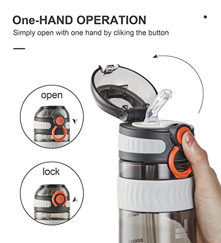 TKK 18oz Kids Water Bottles with Straw Lid & Carry Handle, Pop Button BPA Free Leak Proof Water Bottle for School, Black-NEW
