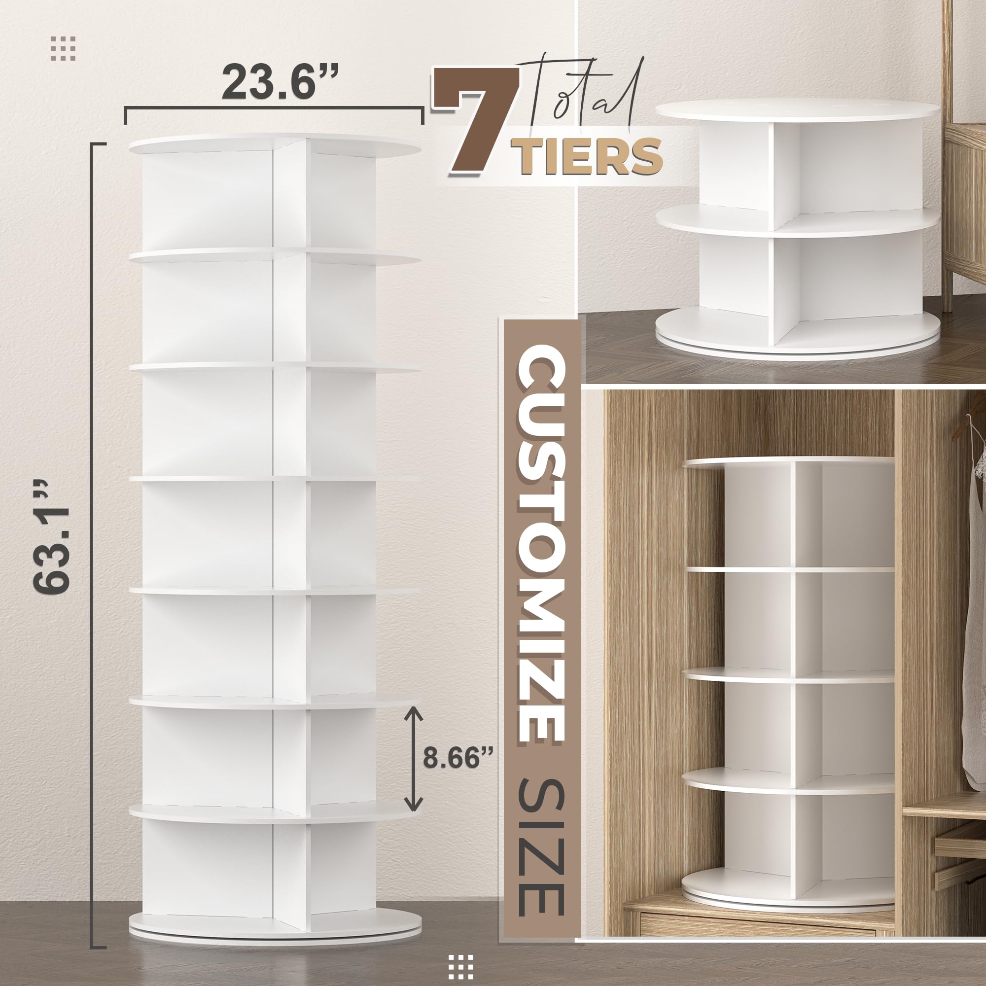 Rotating Shoe Rack Tower 7 Tier, New Upgrade Circular Shoe Rack Rotating 360 Rotating Shoe Rack Display, Easily Install Vertical Handbag White Rotating Shoe Rack Tower - 3 Big Compartments Per Floor