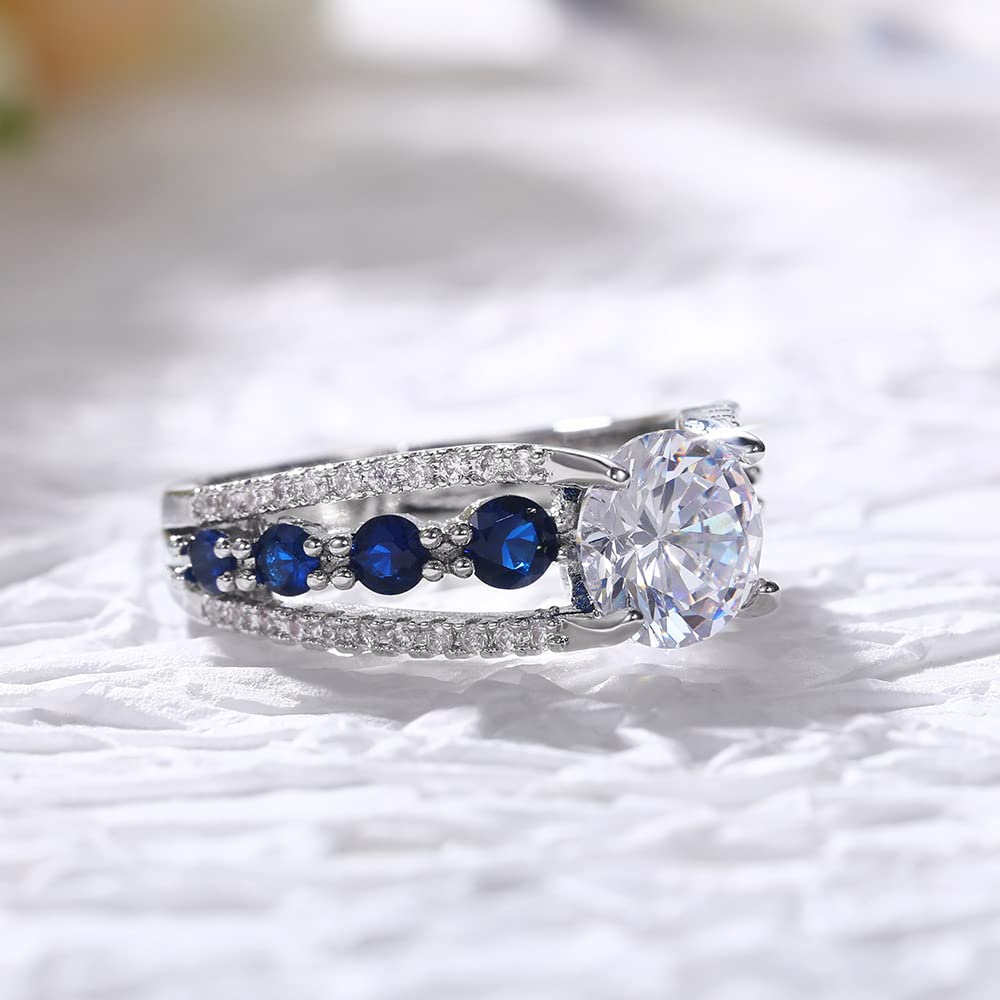hsiyyecg Blue & White Circular Cut CZ Crystal Halo Statement Rings Women Fashion Silver Plated Engagement Wedding Jewelry (US Size 7)