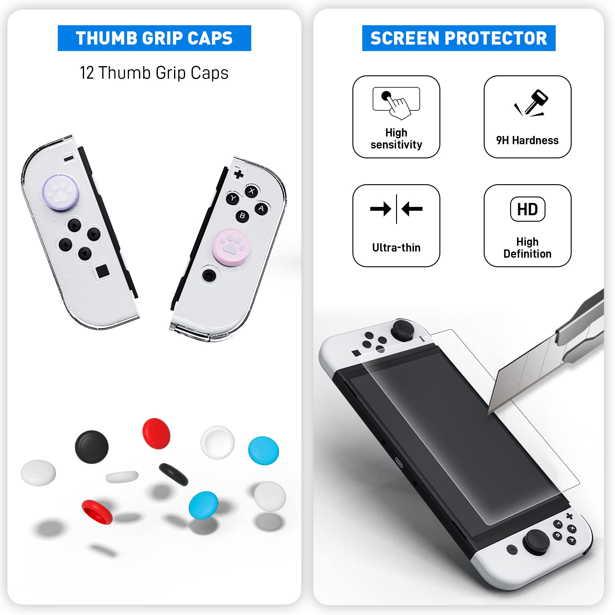 FUNDIARY Glitter Dockable Cover Case Compatible with Nintendo Switch OLED, Protective Shell for Switch OLED and Comfort Grip for Joy Con with Screen and 12 Thumb Caps - Glitter TPU Joy Con Case