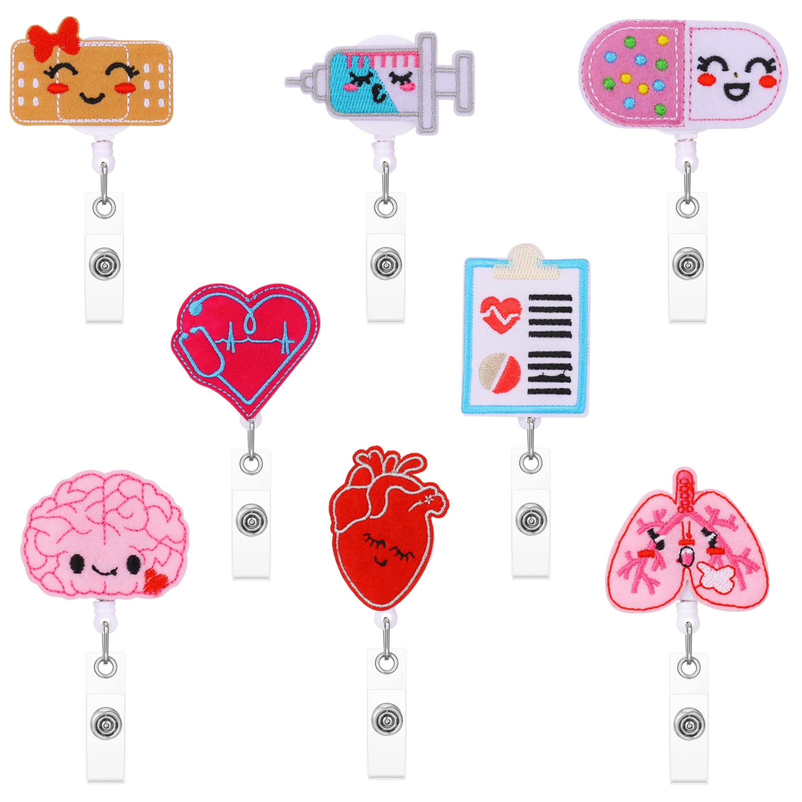 FRIUSATE 8 Pieces Nursing Badge Reel, Retractable Badge Holder Brain Heart Lung ID Reel Felt Decorative Holder with Clip for Doctor Nurse Office School Teacher Student