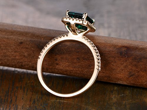 Emerald Engagement Ring,14K Yellow Gold,May Birthstone,6x8mm Emerald Cut Green Gems,Halo,Ball Prong Set