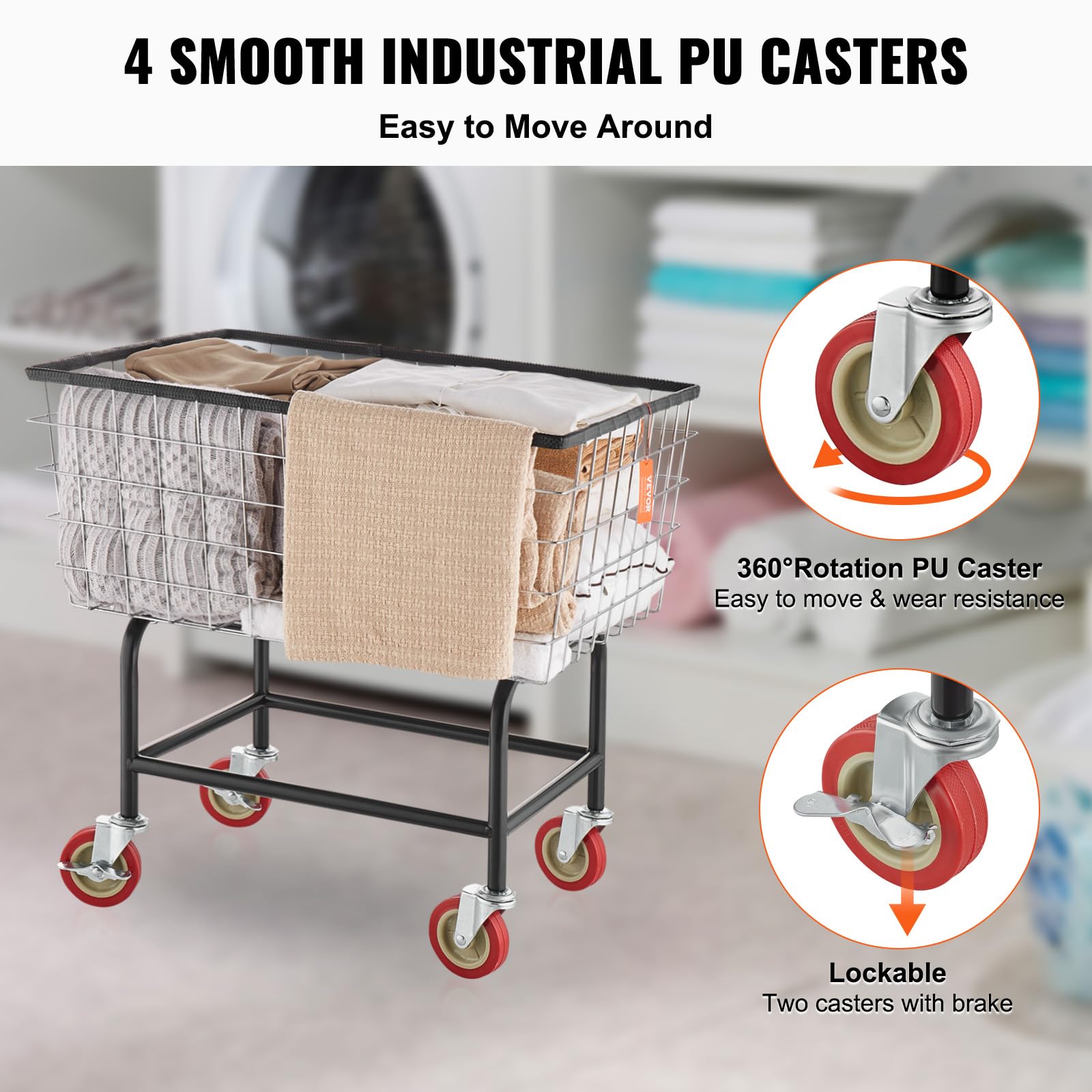 VEVOR Wire Laundry Cart, 2.8Bushel Wire Laundry Basket with Wheels, 26.7''x21.7''x26.4'' Commercial Wire Laundry Basket Cart, Steel Frame with Chrome Finish, 4" Casters, Wire Basket Cart For Laundry