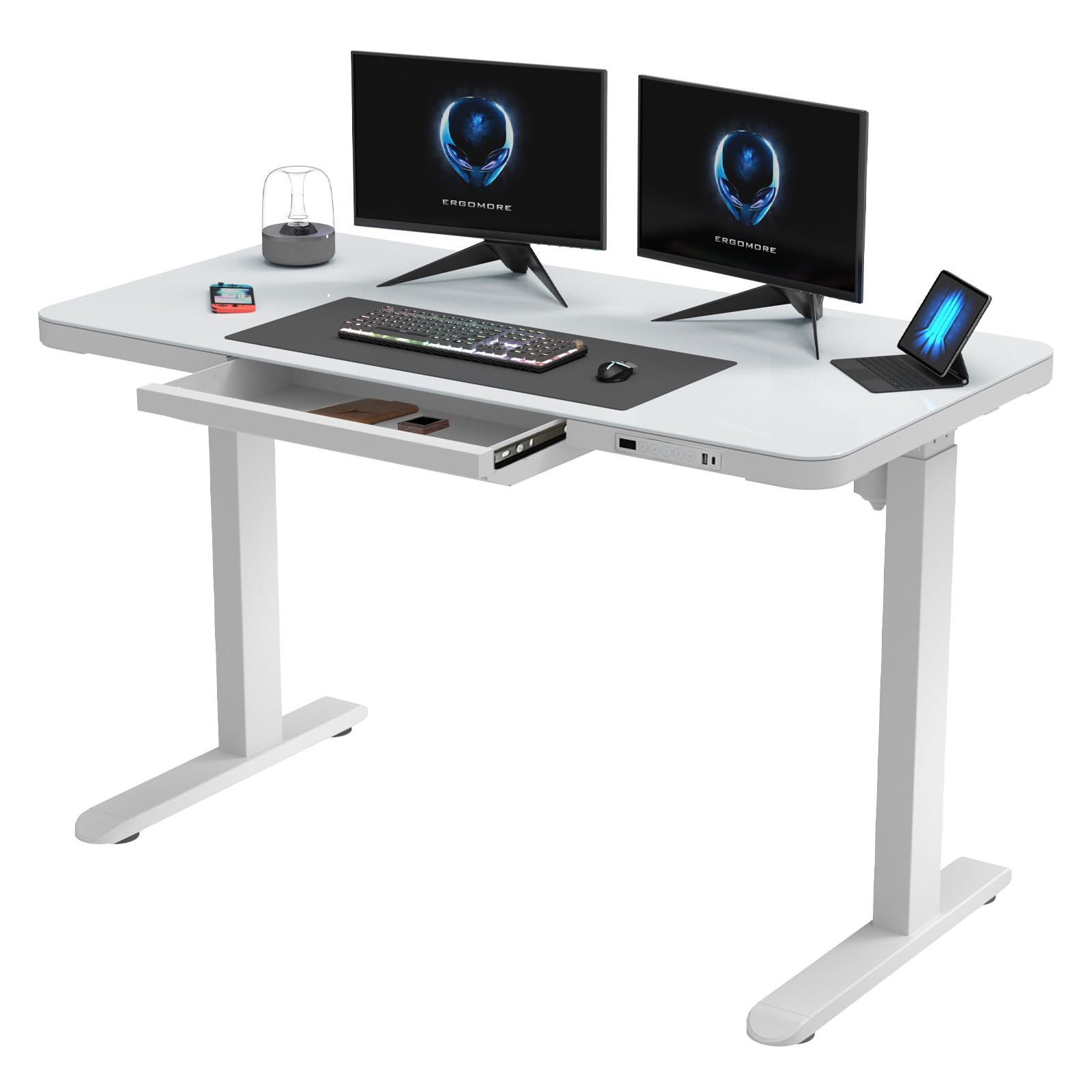 ERGOMORE Glass Standing Desk with Drawer - 45 x 23 Inches Adjustable Height Desk with Memory Preset & USB Ports, Sit Stand Desk for Home and Office (White)