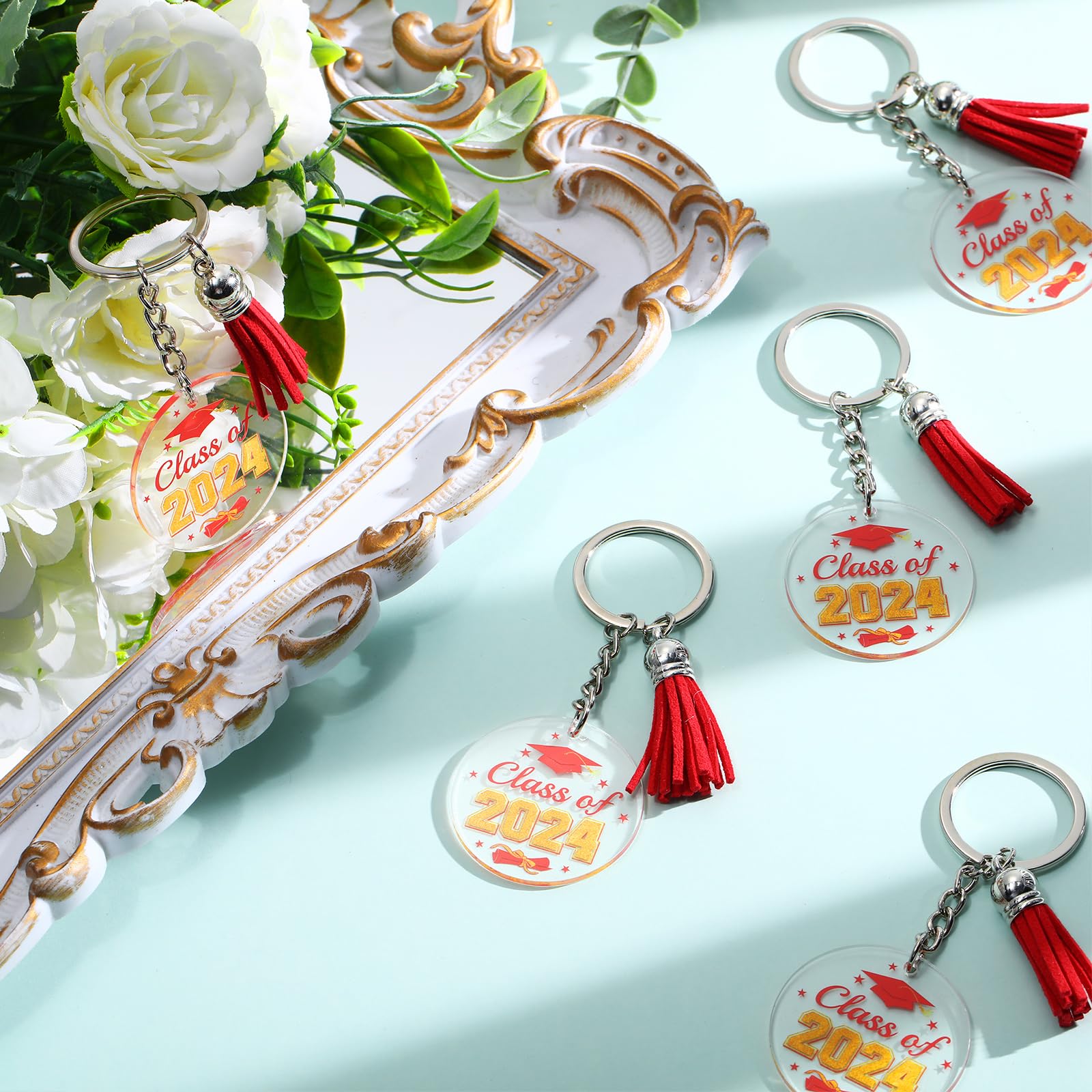 Kigeli 30 Pcs Class of 2024 Graduation Keychains Gifts Acrylic Keychains with Tassel for College High School(Red)