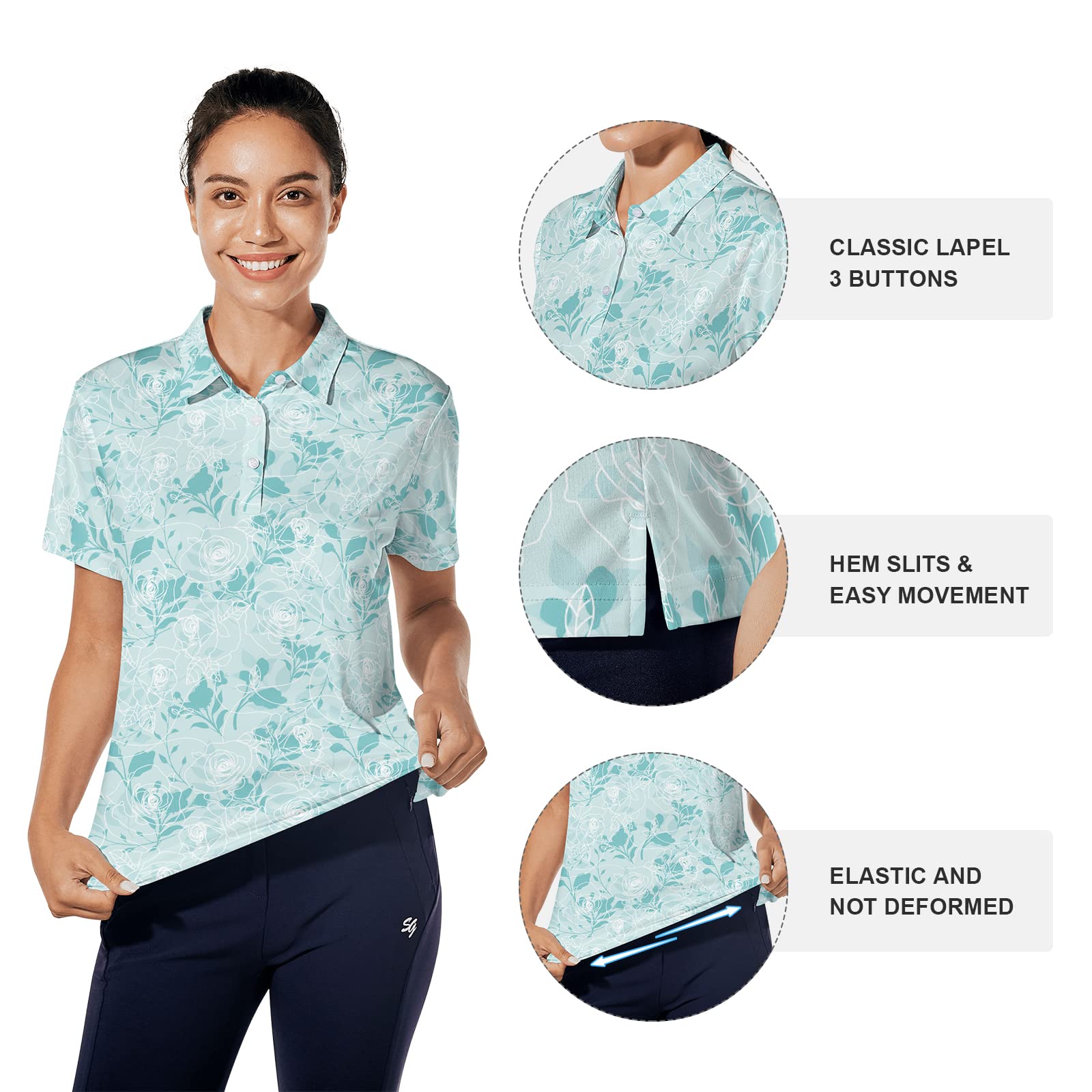 Hispotim Women's Short Sleeve Polo Shirt Lightweight Printed Golf Shirts Quick Dry Workout Golf Polo Shirts (Blue Flowers,XL)